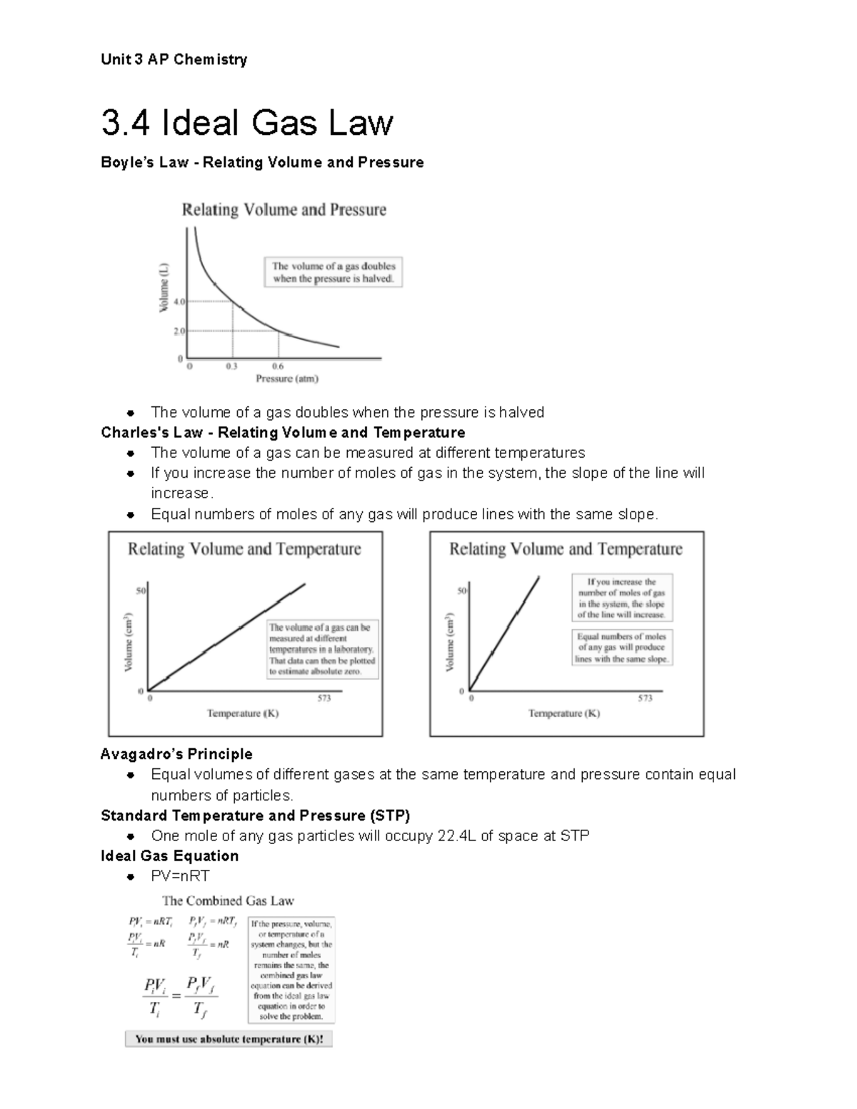 Chem notes unit 3 - unit 3 - Unit 3 AP Chemistry 3 Ideal Gas Law Boyle ...