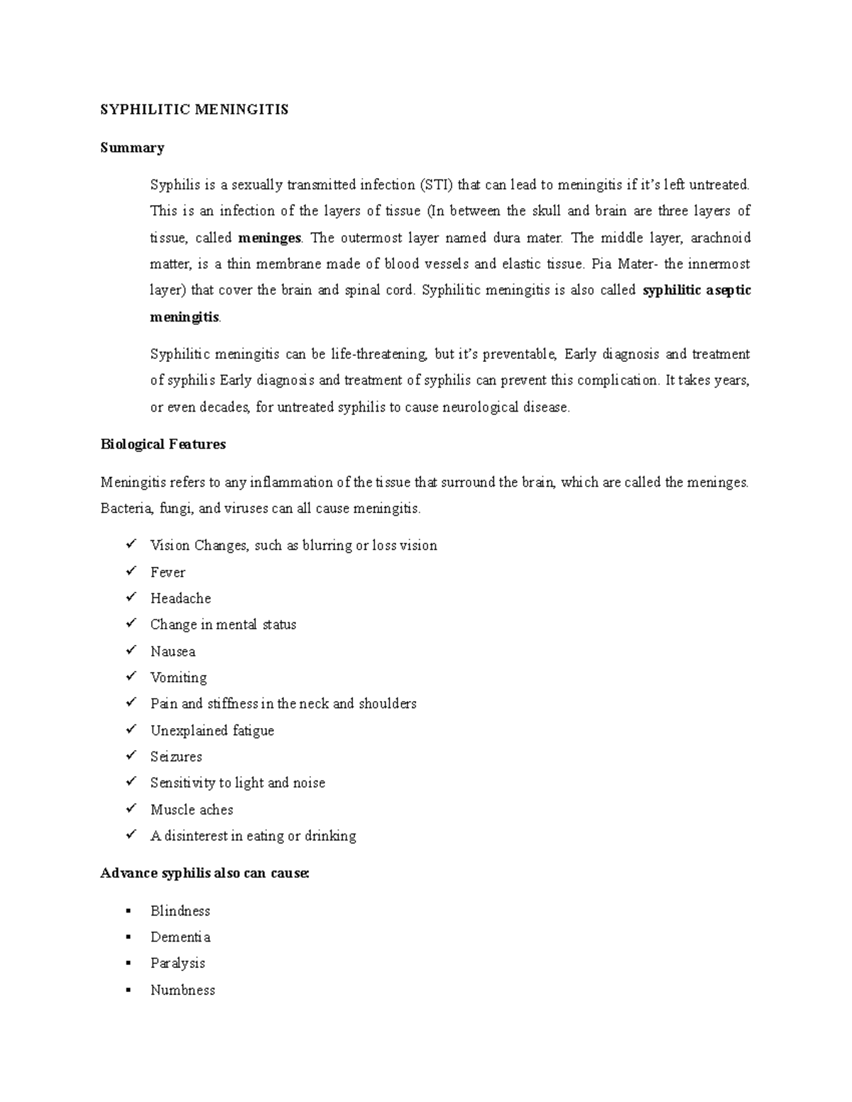 Syphilitic Meningitis - SYPHILITIC MENINGITIS Summary Syphilis is a ...