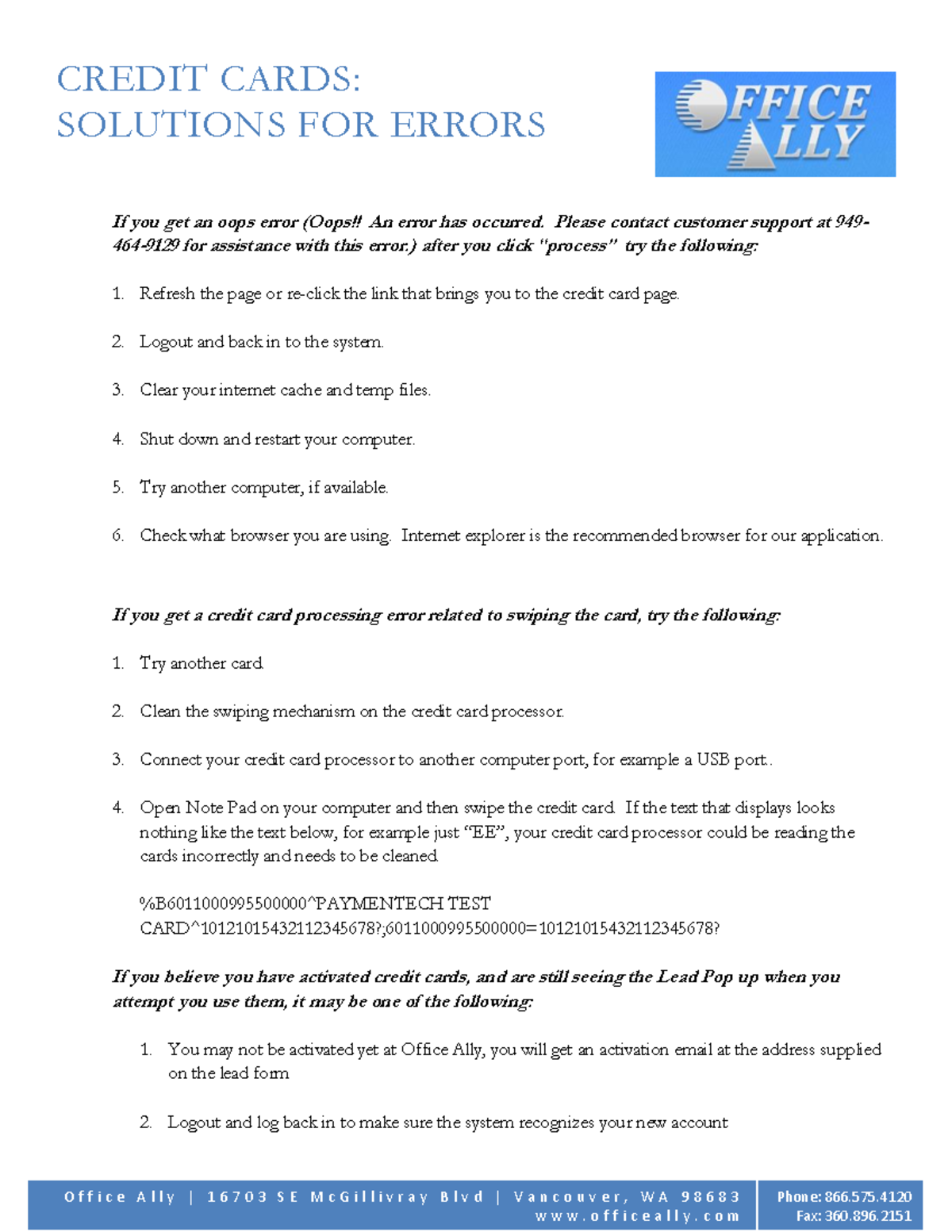 Credit cards solution for errors - O f f i c e A l l y | 1 6 7 0 3 S E ...