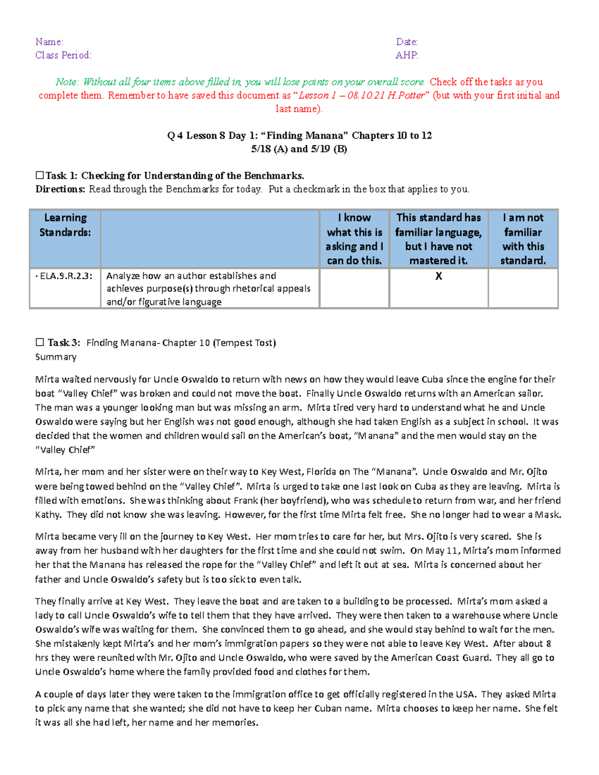 Q4 Lesson 8 Day 1 (Chapters 10-12)DC - Name: Date: Class Period: AHP ...