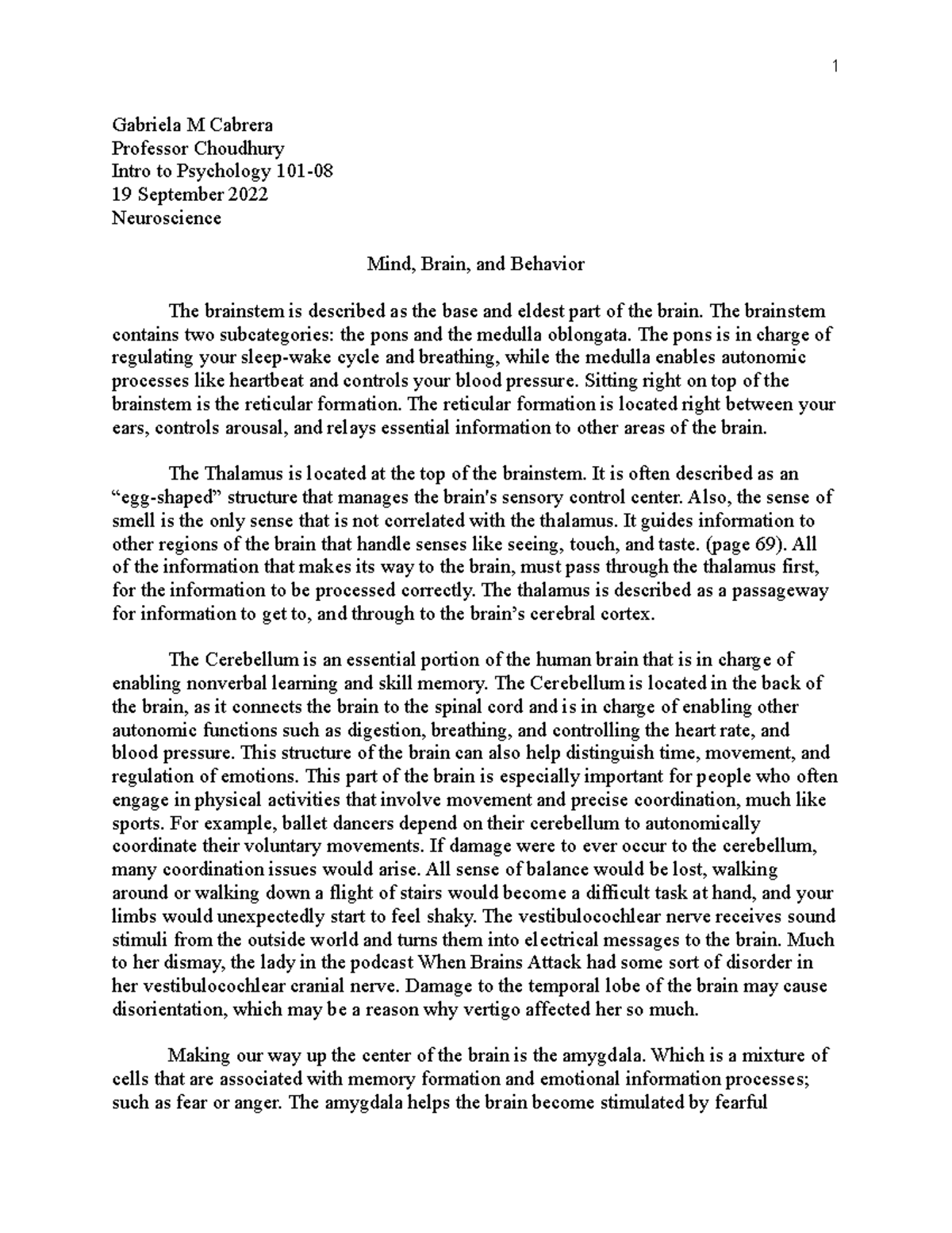 Mind, Brain, and Behavior Paper-2 - 1 Gabriela M Cabrera Professor ...