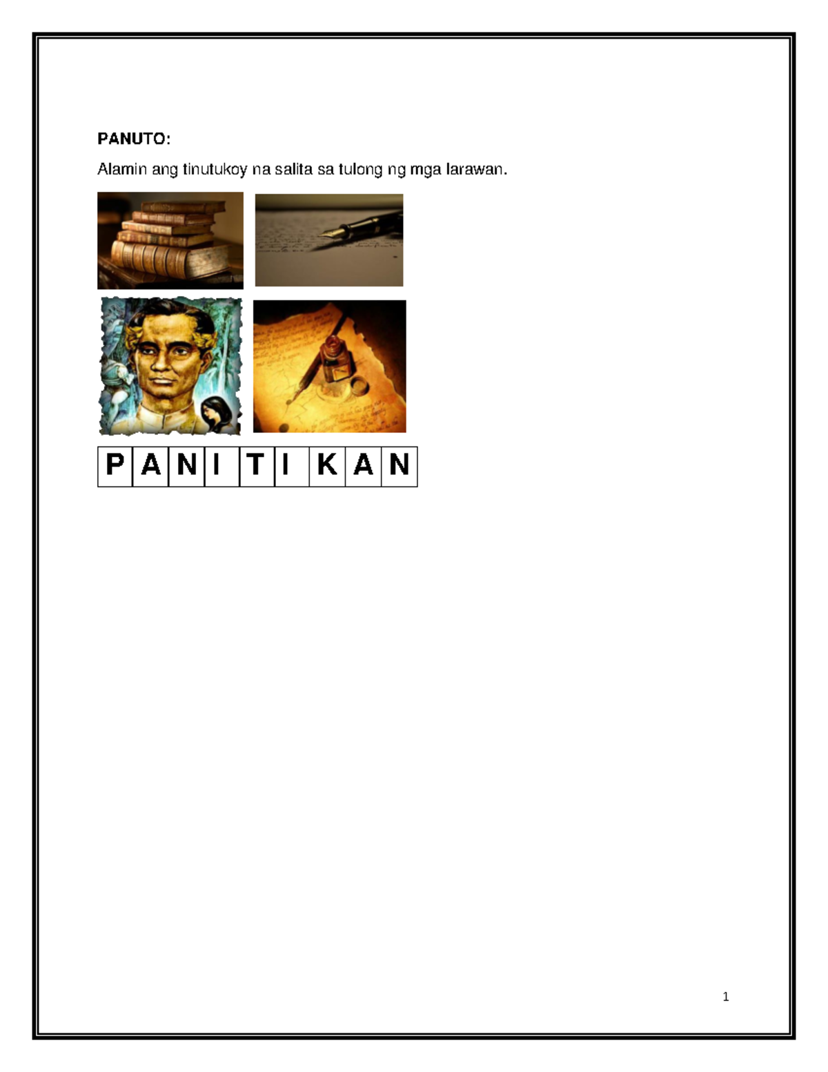 Tula at Panitikan - FILIPINO - 1 PANUTO: Alamin ang tinutukoy na salita ...