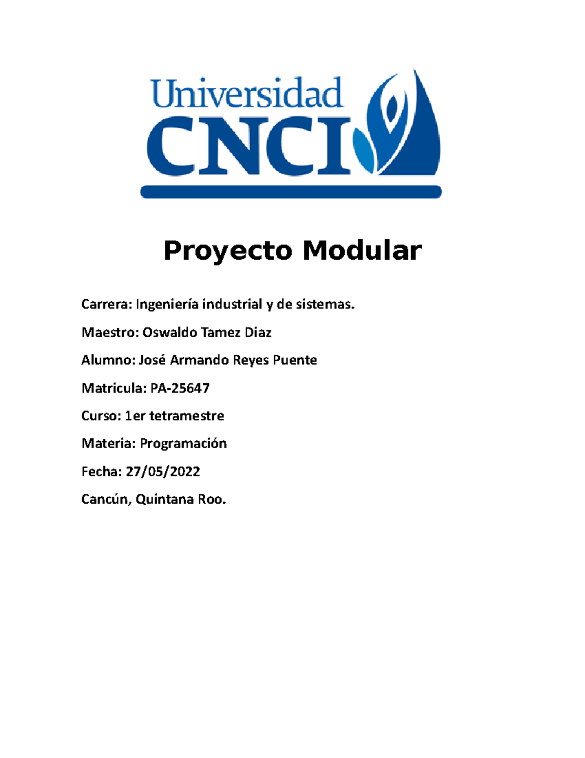 Proyecto Modular Programacion - Proyecto Modular Carrera: Ingeniería ...