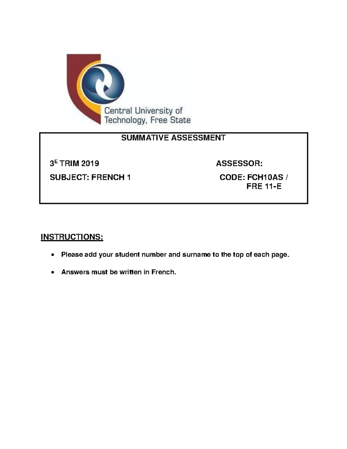 French 1 - Test 3e Trim 2019 - SUMMATIVE ASSESSMENT 3 E TRIM 2019 ...
