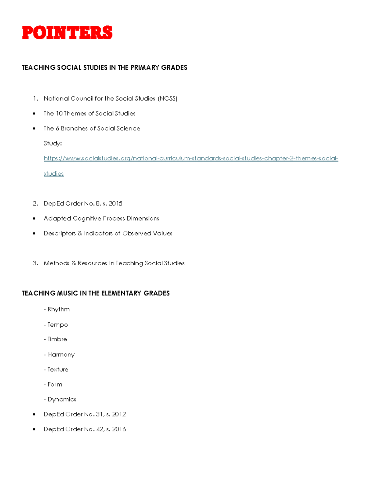 Pointers-Midterms - pointers - POINTERS TEACHING SOCIAL STUDIES IN THE ...