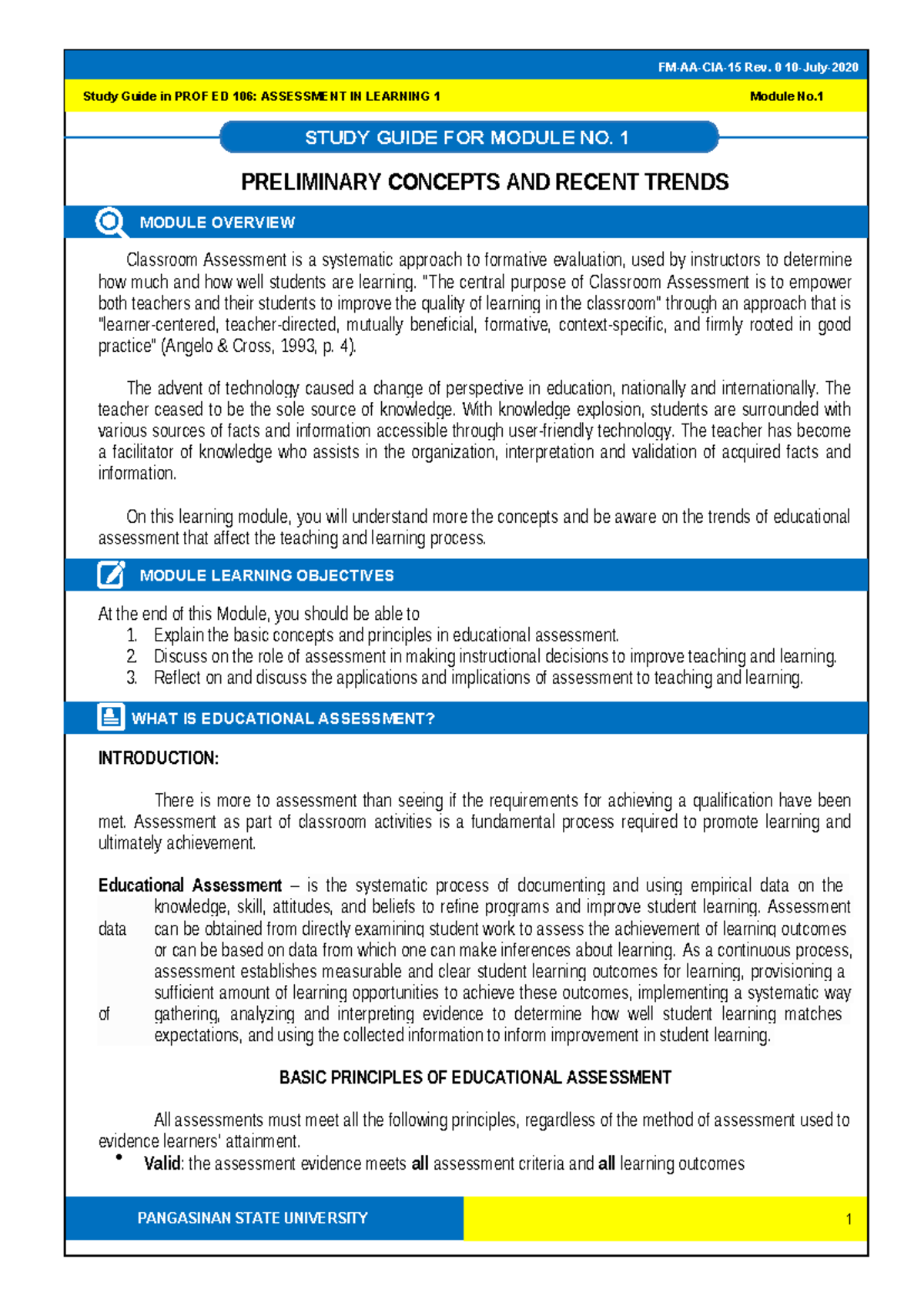 SG1 Prof Ed 106 Assessment in Learning 1 - STUDY GUIDE FOR MODULE NO. 1 Study Guide in PROF ED ...