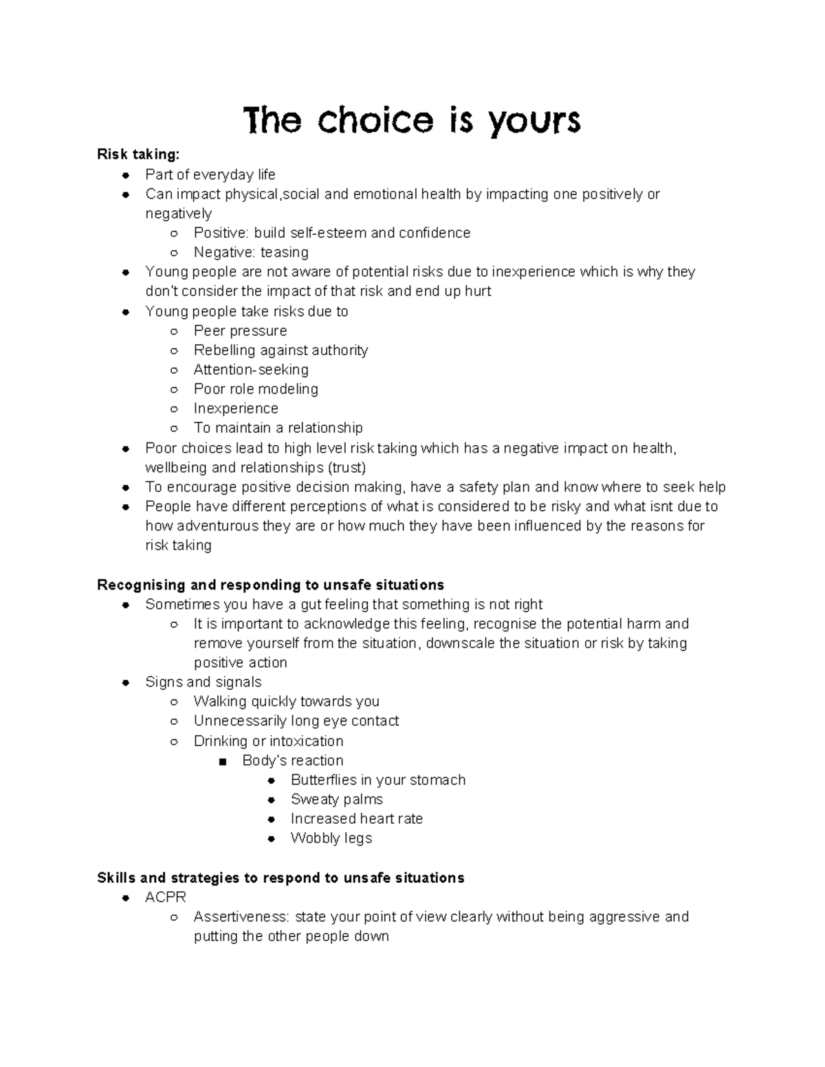 The choice is yours notes - The choice is yours Risk taking: Part of ...