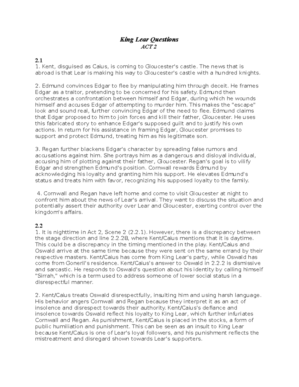 King Lear Act 2 Questions - King Lear Questions ACT 2 2. 1. Kent ...