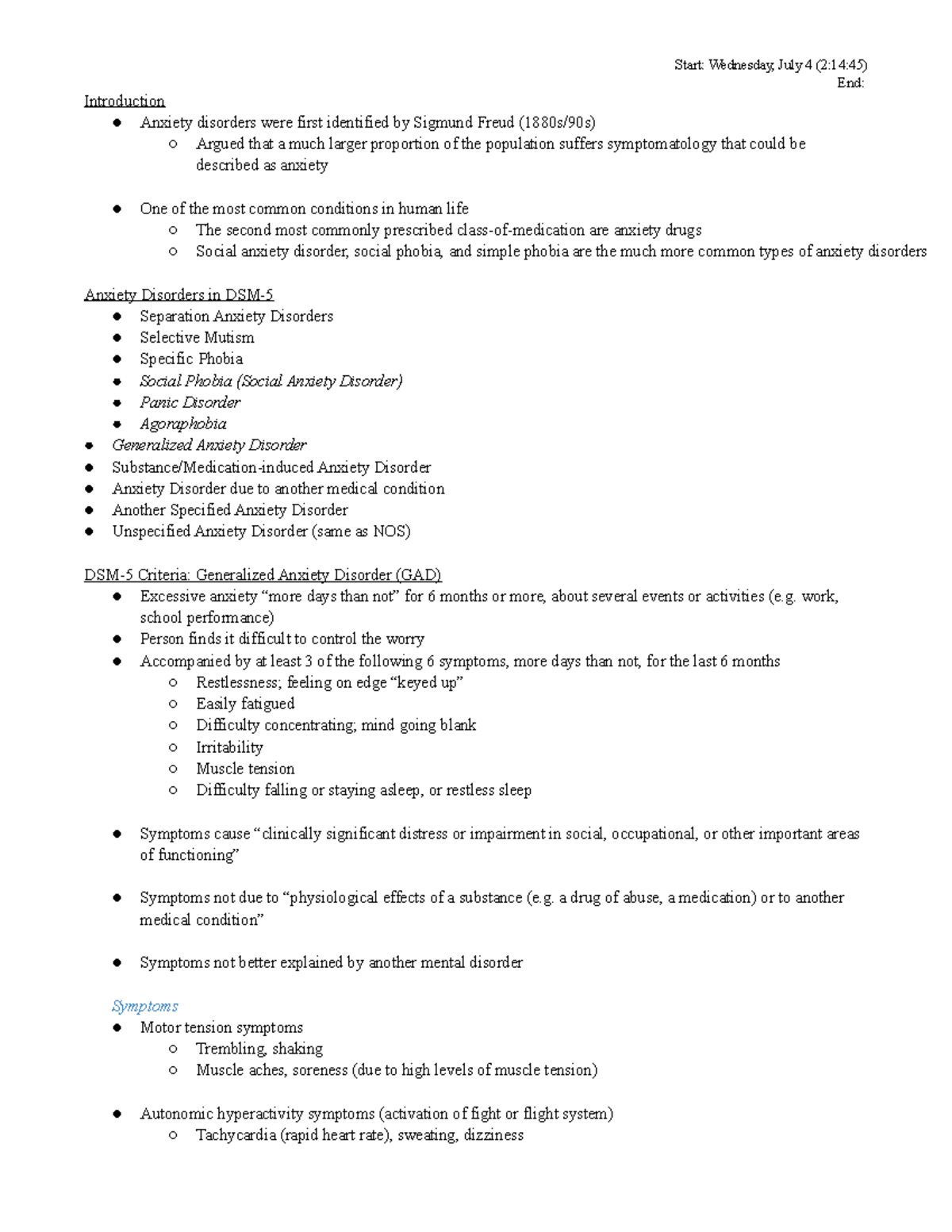 04 - Anxiety Disorders - Notes - Start: Wednesday, July 4 (2:14:45) End ...