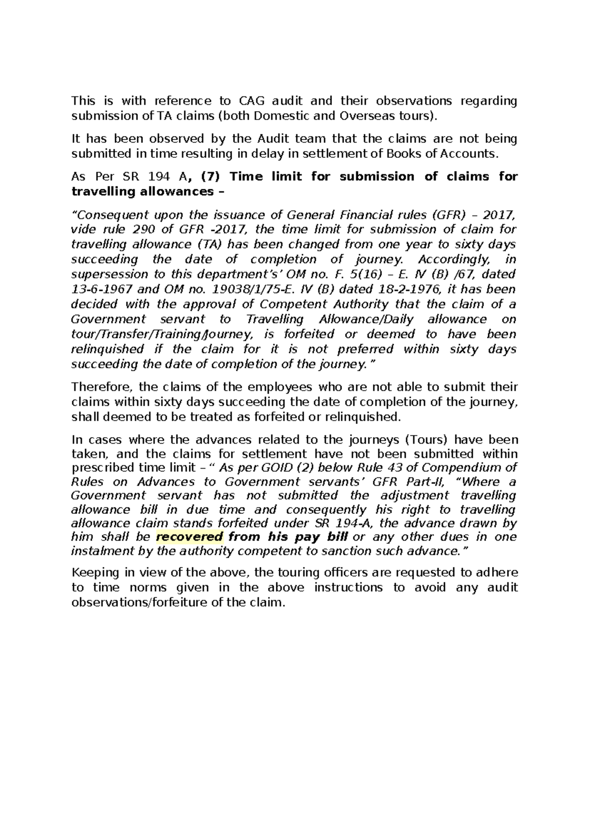 TA claim circular - reports - This is with reference to CAG audit and ...