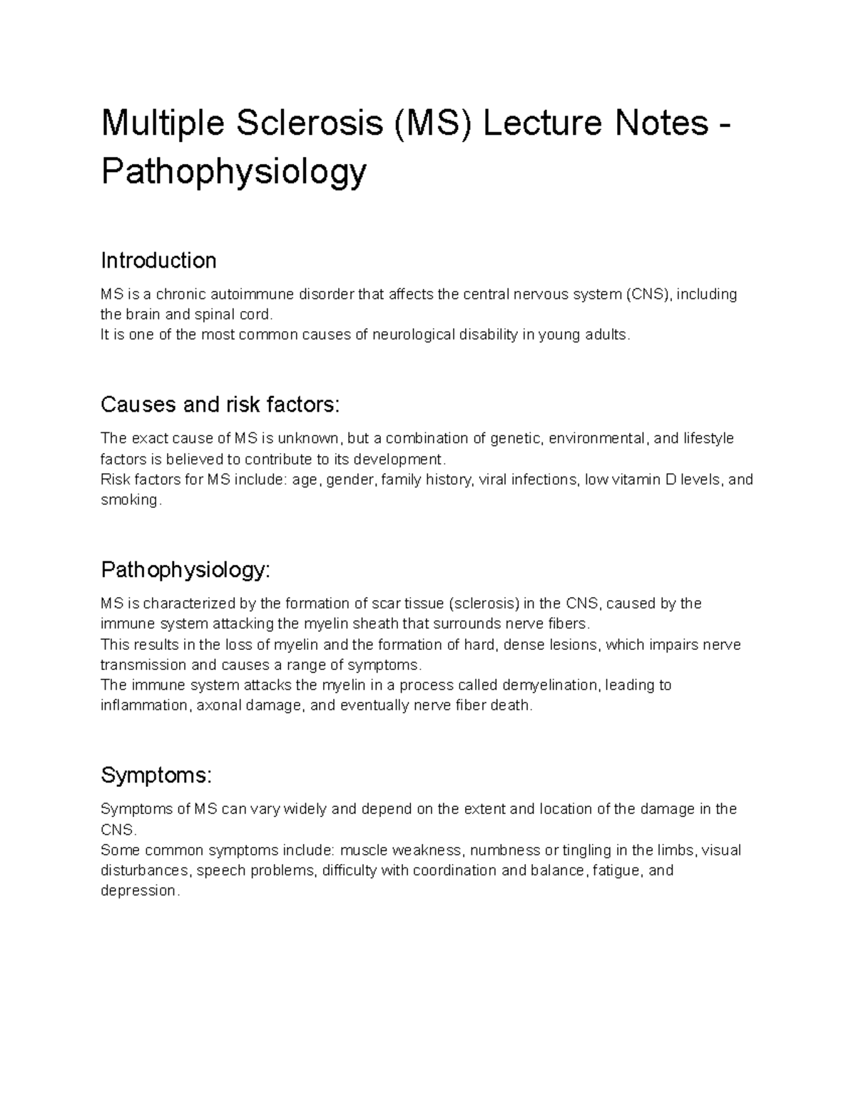 Pathophysiology (NUR 322) Lecture 36 - Multiple Sclerosis (MS ...