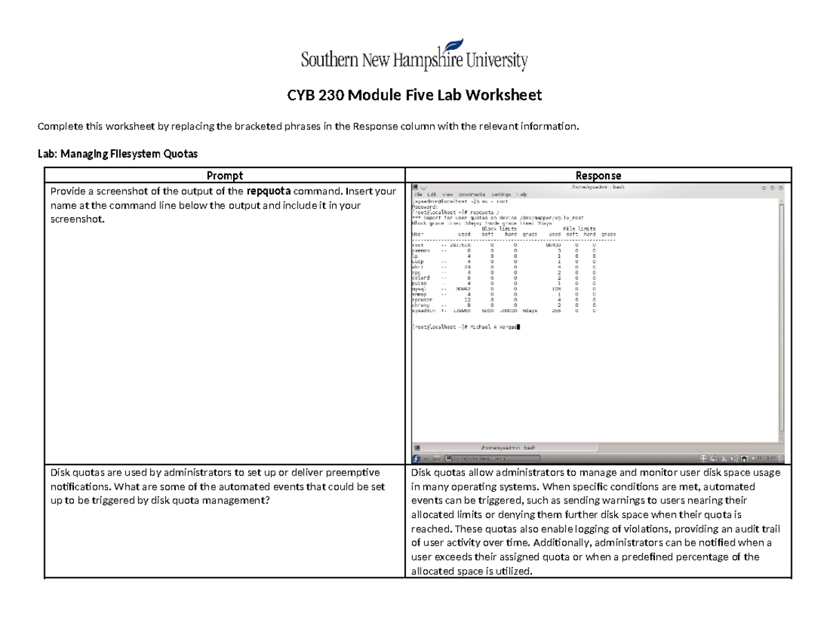 CYB 230 Module Five Lab - Lab: Managing Filesystem Quotas Prompt ...