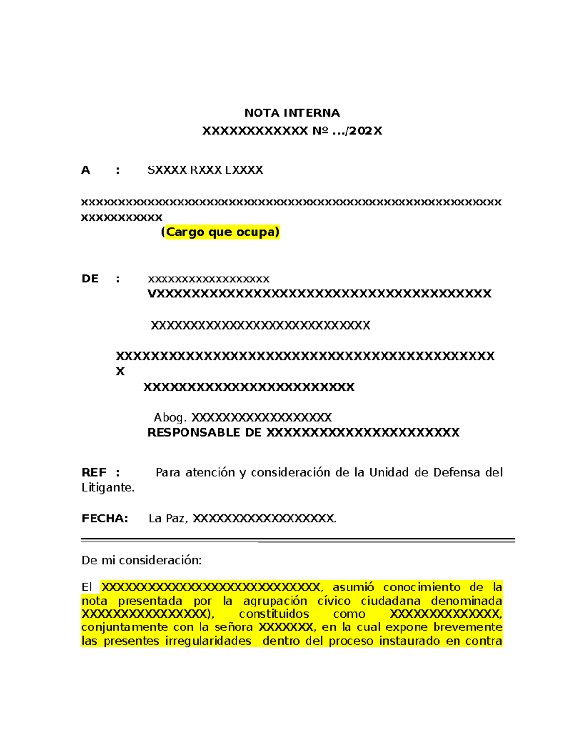 NOTA Interna UDL - NOTA INTERNA XXXXXXXXXXXX Nº .../202X A : SXXXX RXXX ...