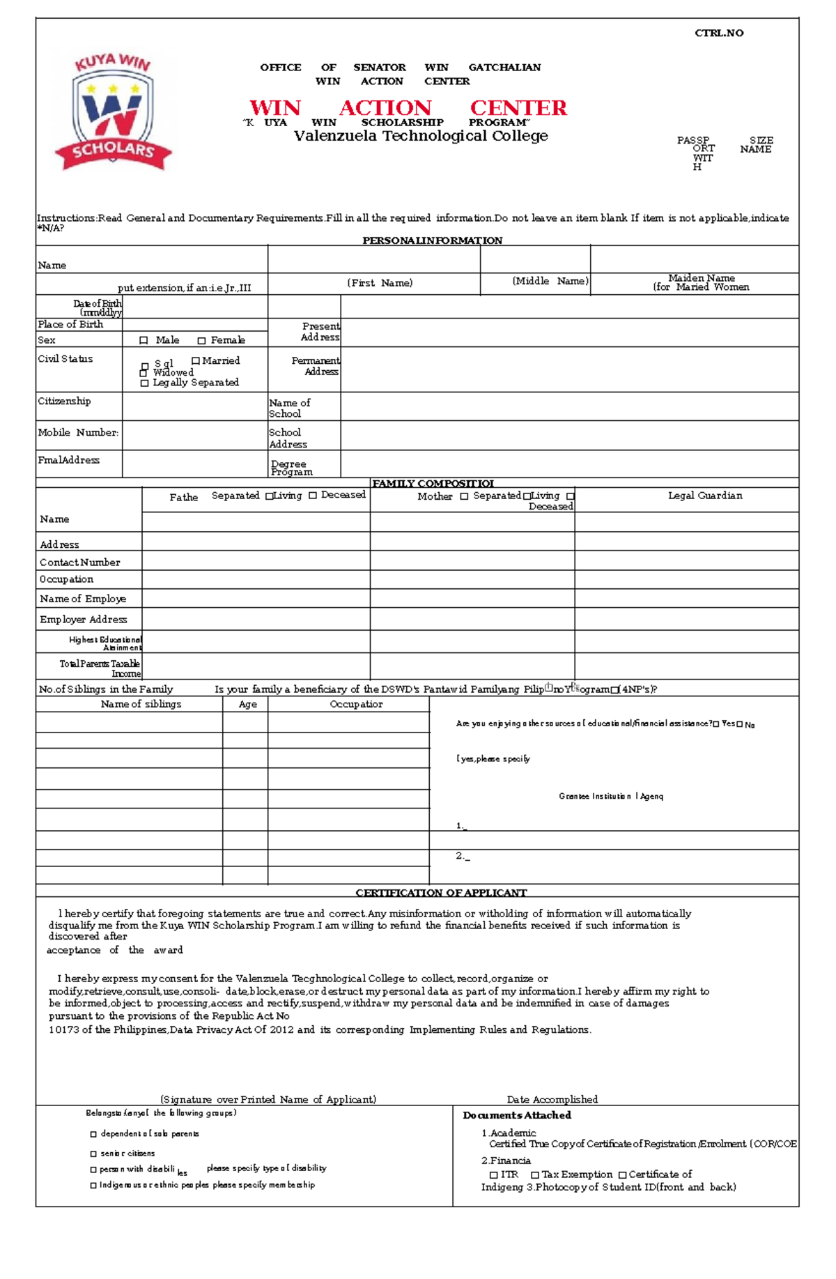 Kuya WIN Scholar New Form Valtech - CTRL NA WIN OFFICE OF SENATOR WIN ...