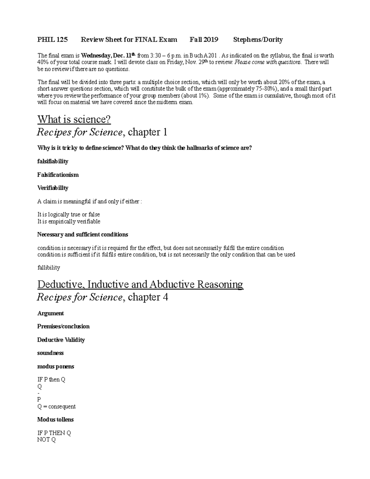 Final Exam Review Sheet Fall 2019-1 - PHIL 125 Review Sheet for FINAL ...