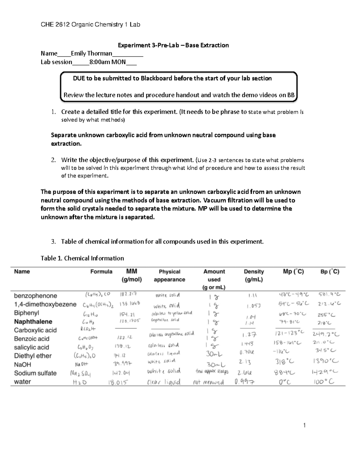 Exp3-Pre-lab-Base extraction (1) - CHE 2612 Organic Chemistry 1 Lab 1 Experiment 3 - Pre-Lab ...
