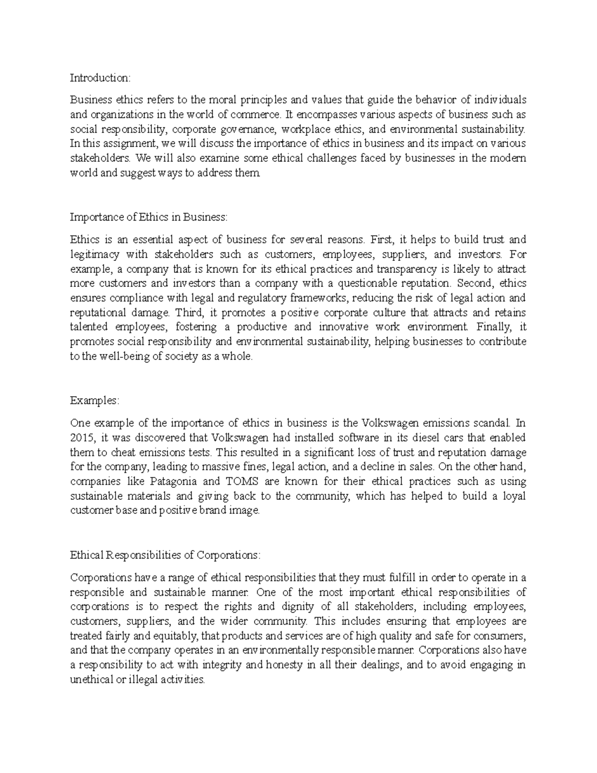 Introductio 3 - good english - Introduction: Business ethics refers to ...