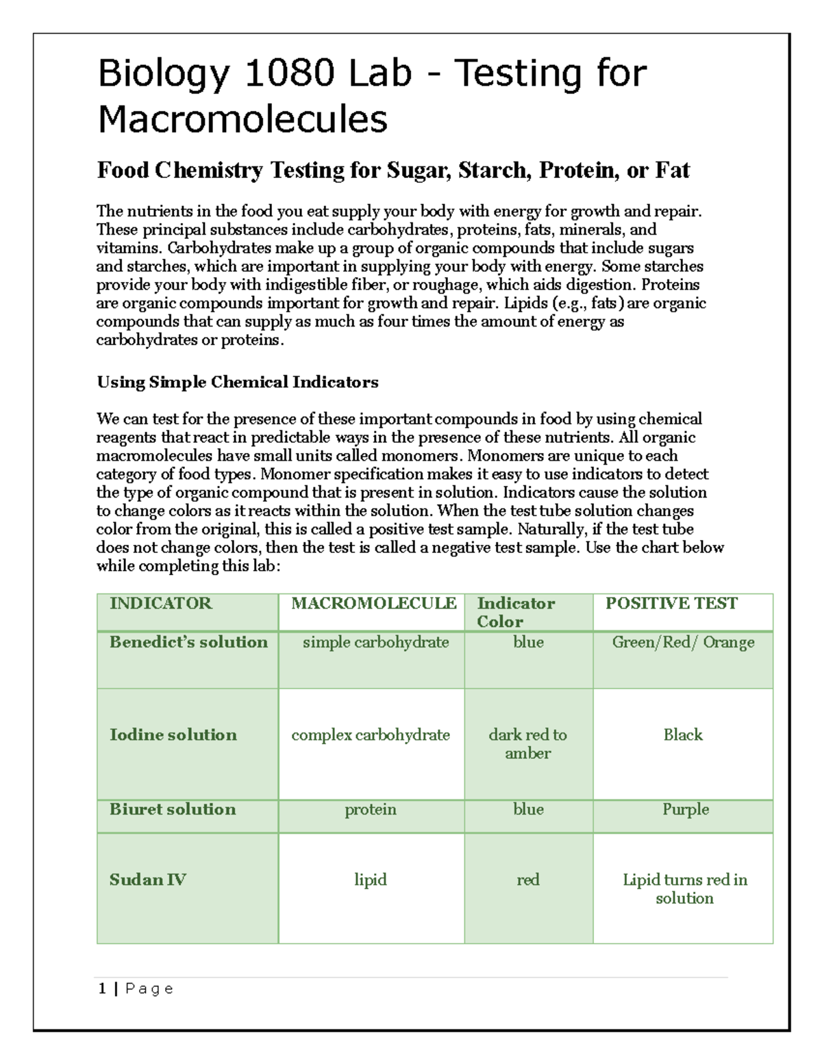 Biology 1080 Lab Food Chemistry Testing fall 2022 - Copy (3 ...