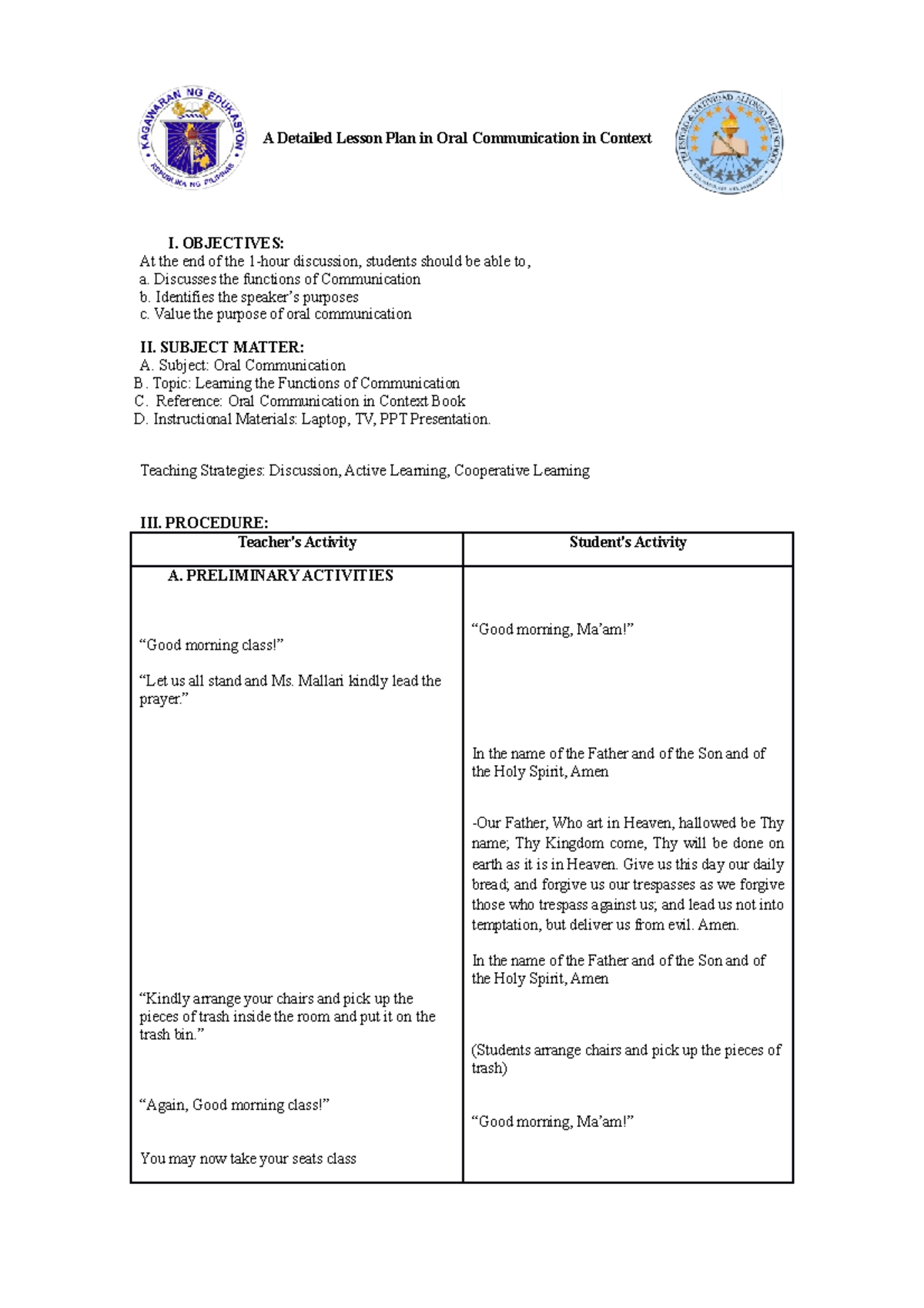 Detailed Lesson PLAN IN ORAL COM Grade 12 1 1 - A Detailed Lesson Plan ...