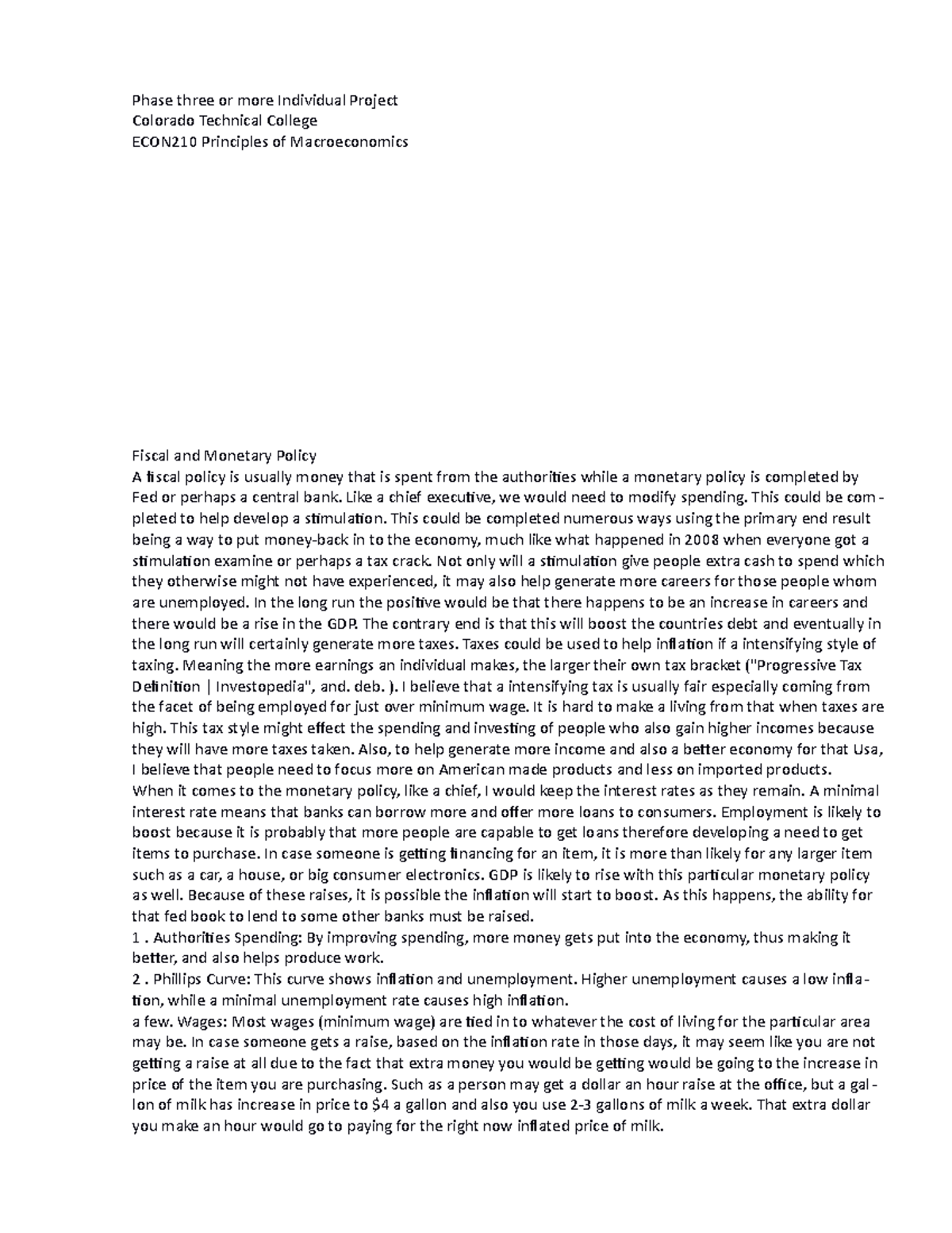 ECON 210 Phase 3 Individual Project Fiscal and Monetary Policy - Phase ...