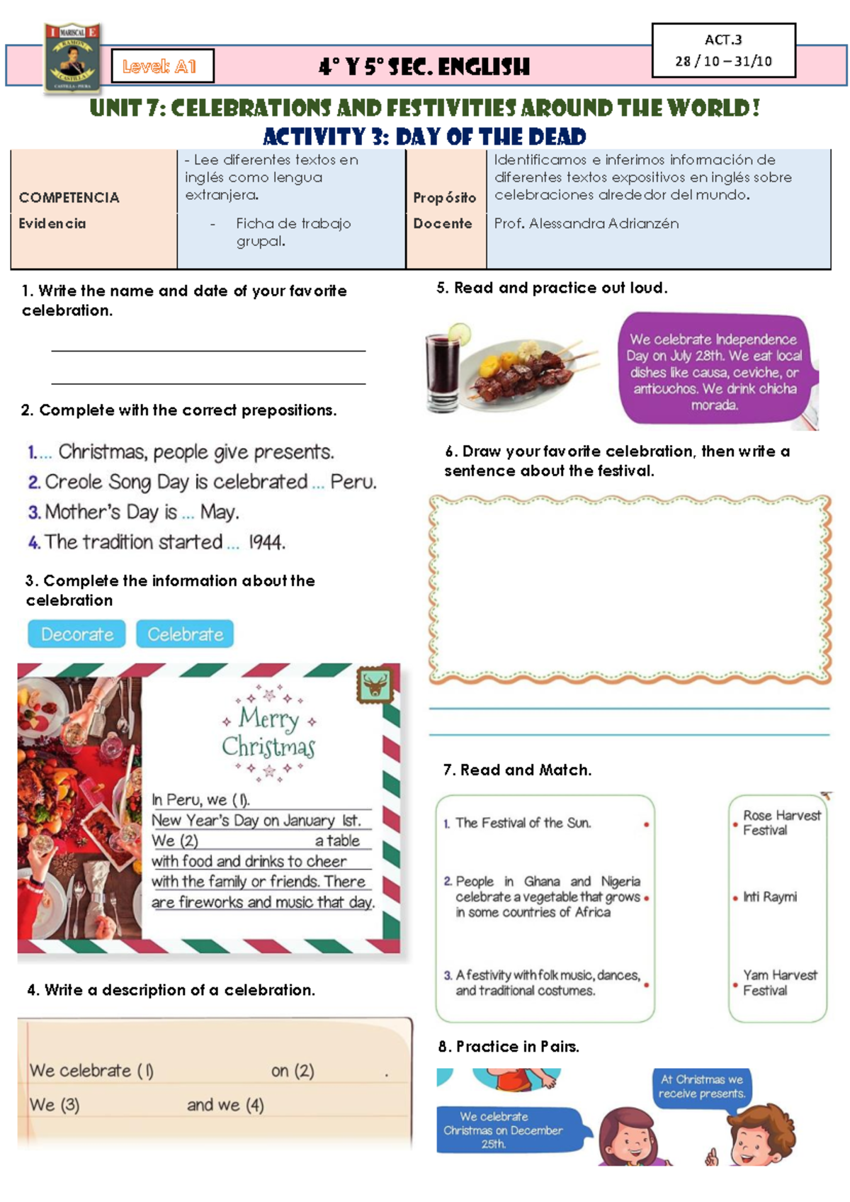 UDA 7 - ACT. 3 - 4° Y 5° SEC - Tarea - 4 ° Y 5° sec. ENGLISH unit 7 : Celebrations and ...