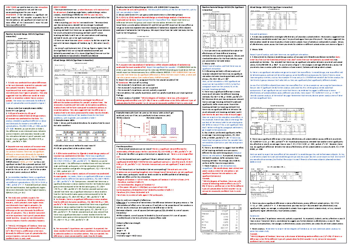 Analysis of Variance Cheat Sheet - FIRST THING we need to look at is ...