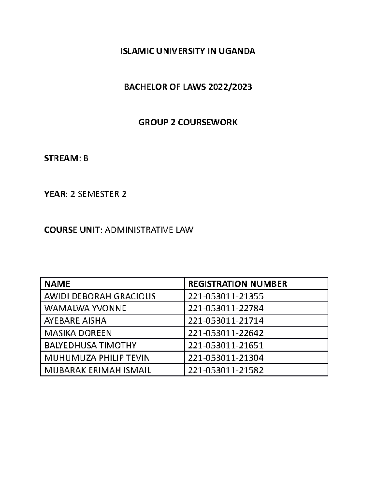Aministrative LAW Coursework - ISLAMIC UNIVERSITY IN UGANDA BACHELOR OF ...