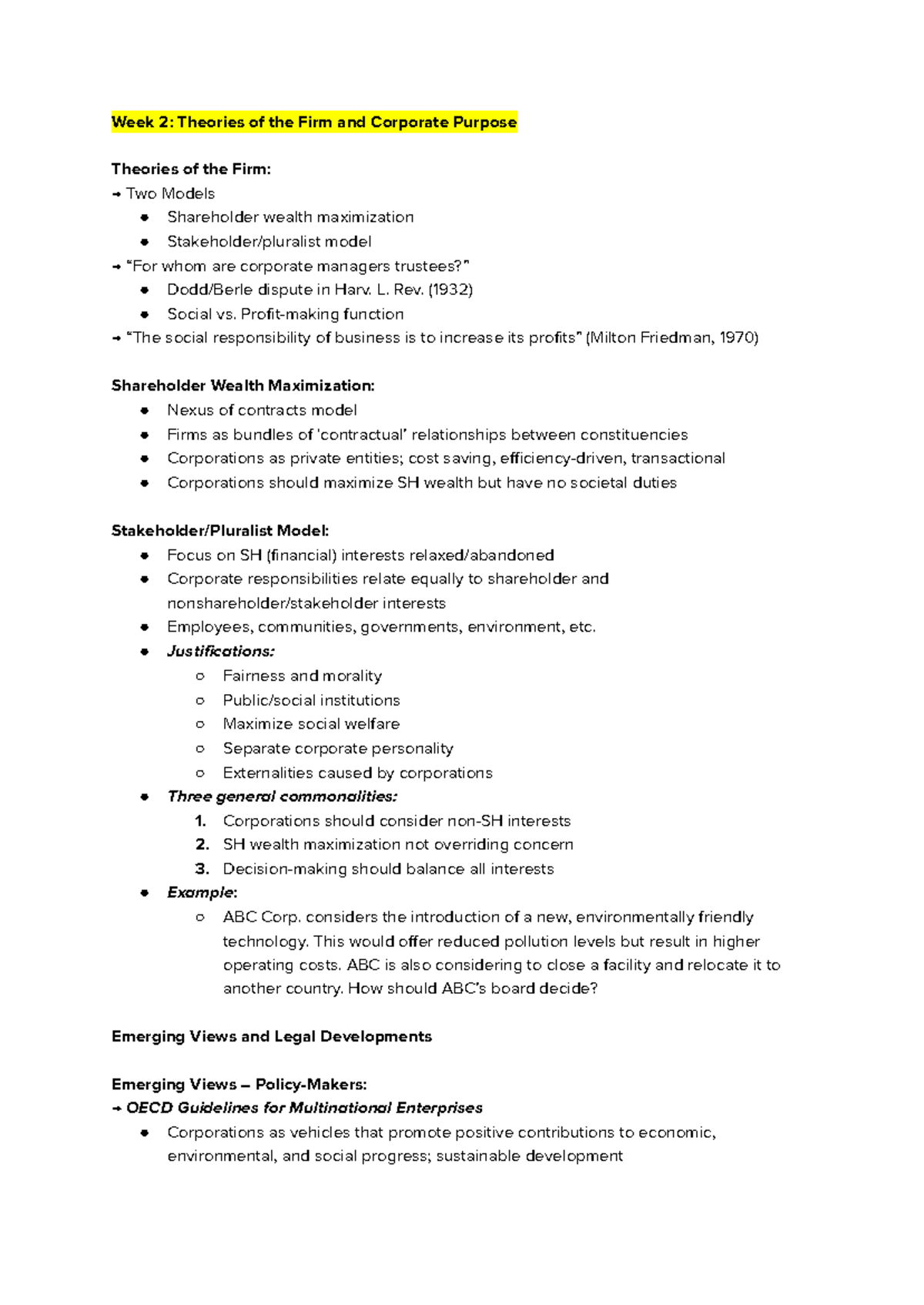 MOS 4469 Notes - Week 2: Theories of the Firm and Corporate Purpose ...