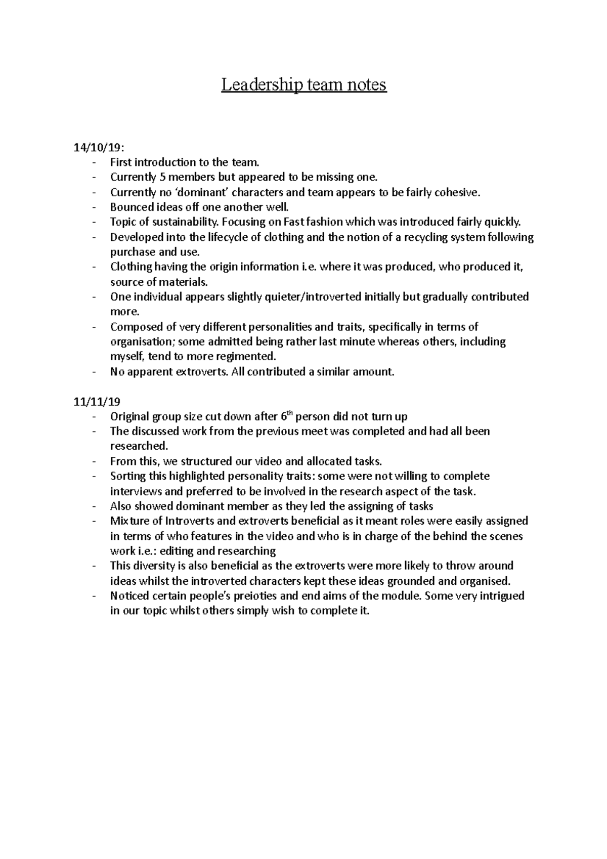 Leadership team notes for essay - Leadership team notes 14/10/19: First ...