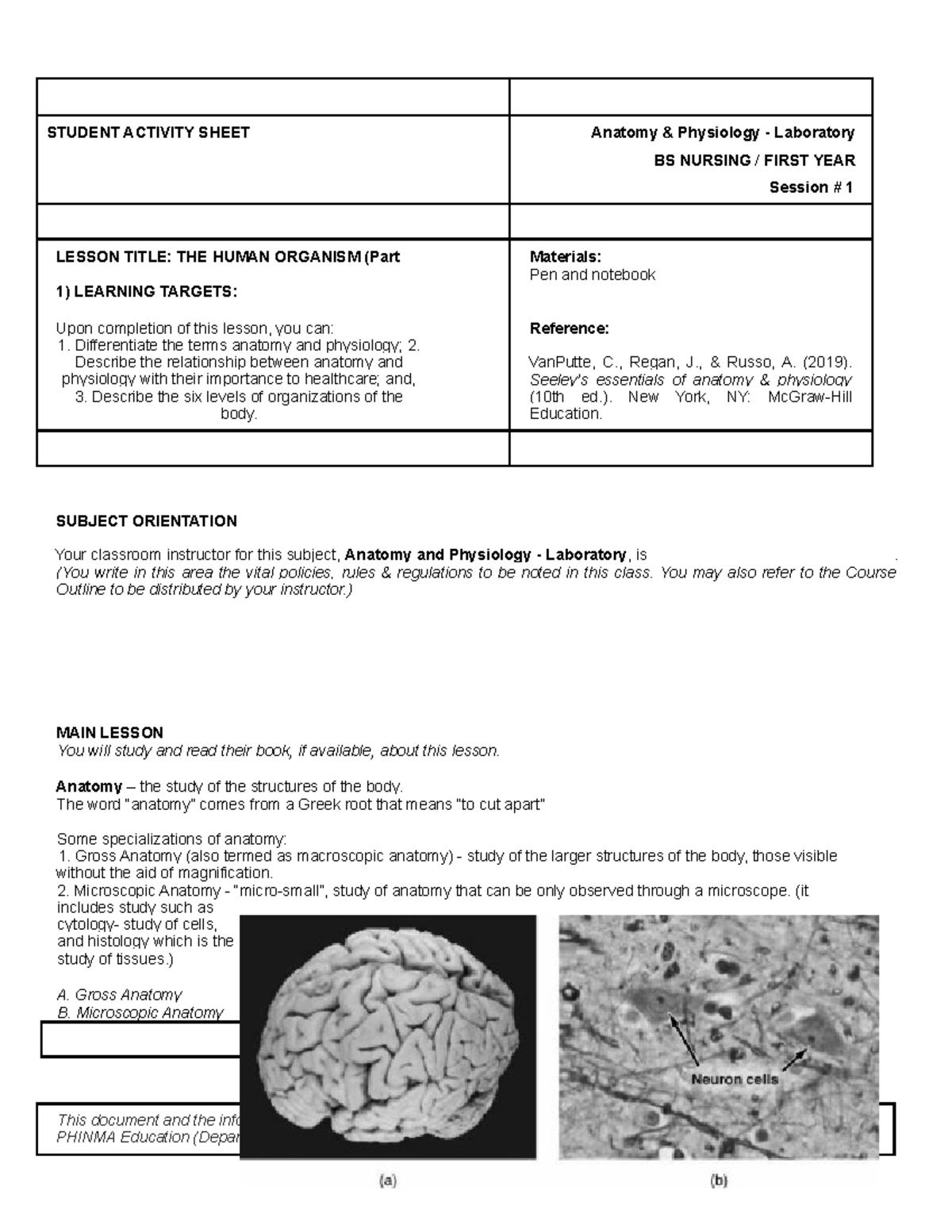 Session #1 SAS - Ana Phy (Lab) - STUDENT ACTIVITY SHEET Anatomy ...