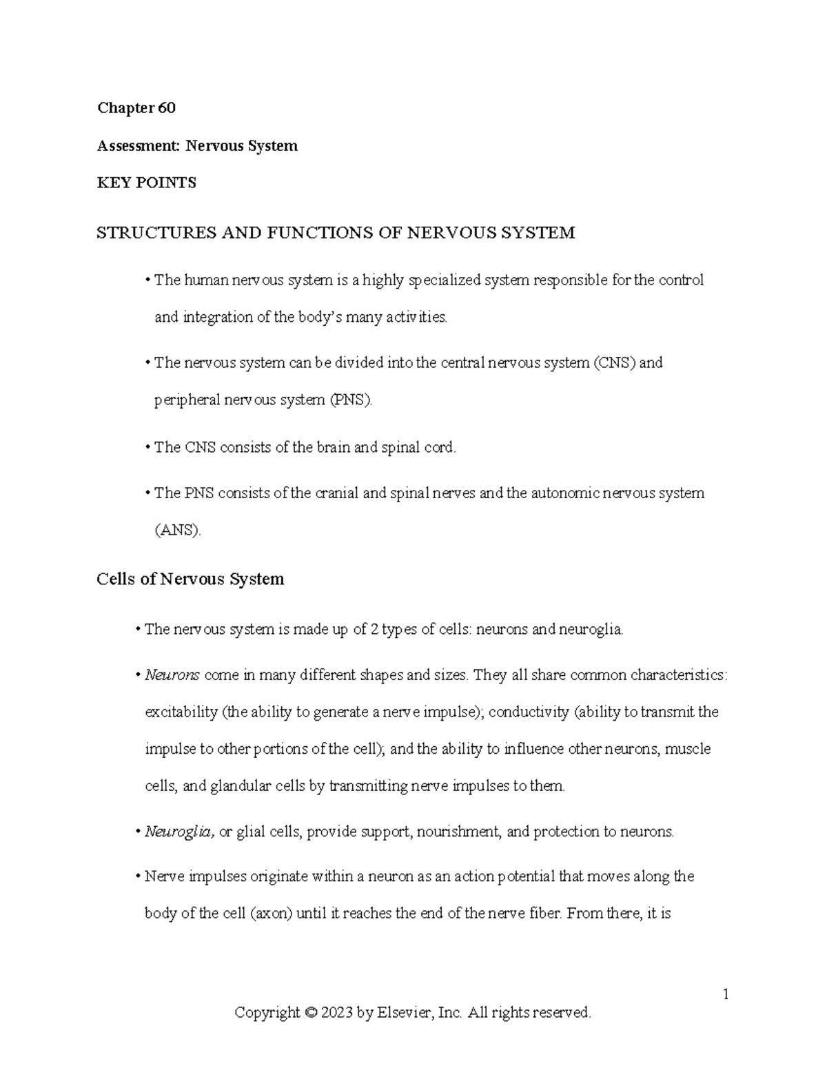 Neuro Assessment Key Notes - Chapter 60 Assessment: Nervous System KEY ...