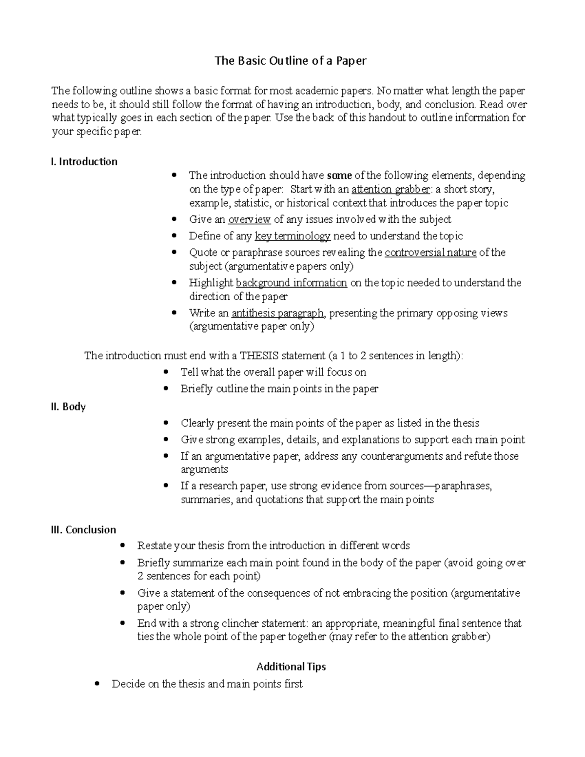 Reserarch paper outline - The Basic Outline of a Paper The following ...