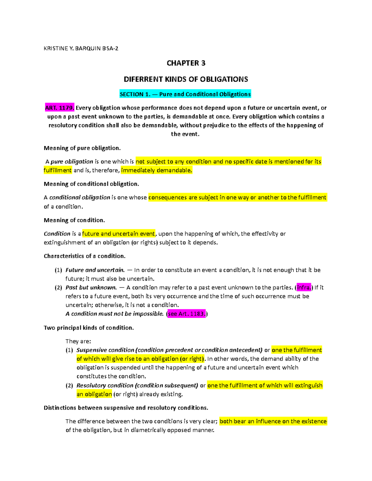 CHAP 3-LAW ON Oblicon(notes) - KRISTINE Y. BARQUIN BSA- CHAPTER 3 ...