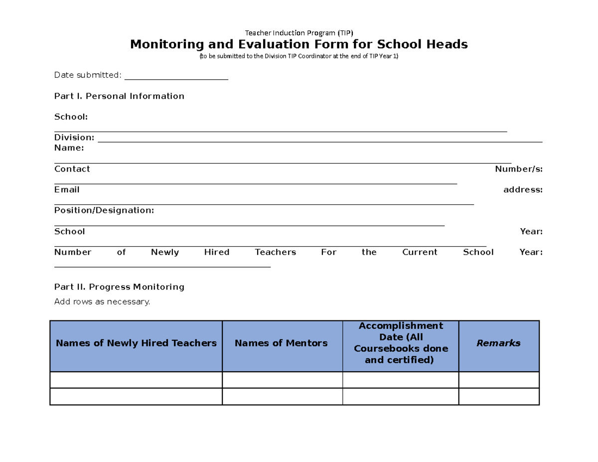 TIP IPBT M E Form for School Heads - Monitoring and Evaluation Form for ...