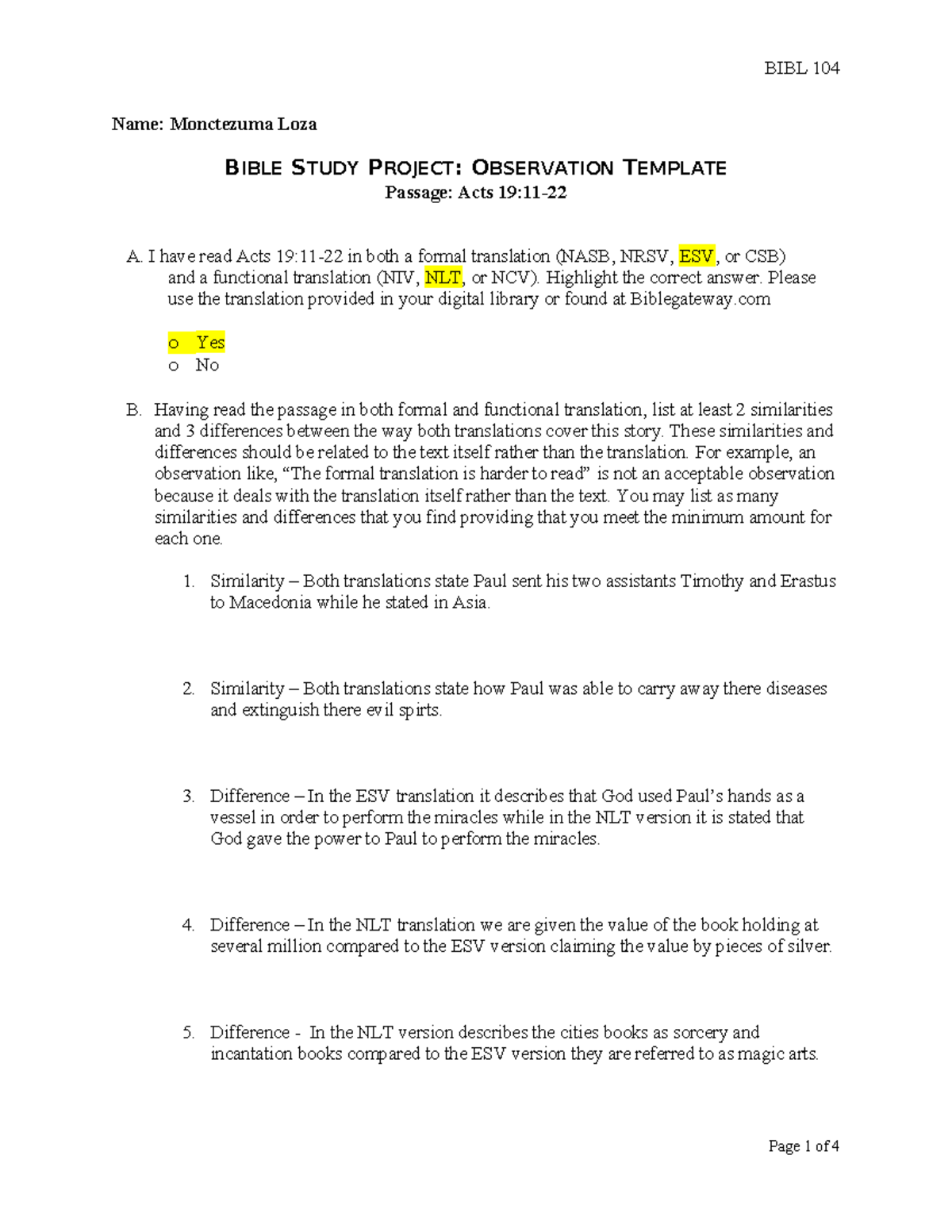 Bible Study Project Observation assignment - Name: Monctezuma Loza ...