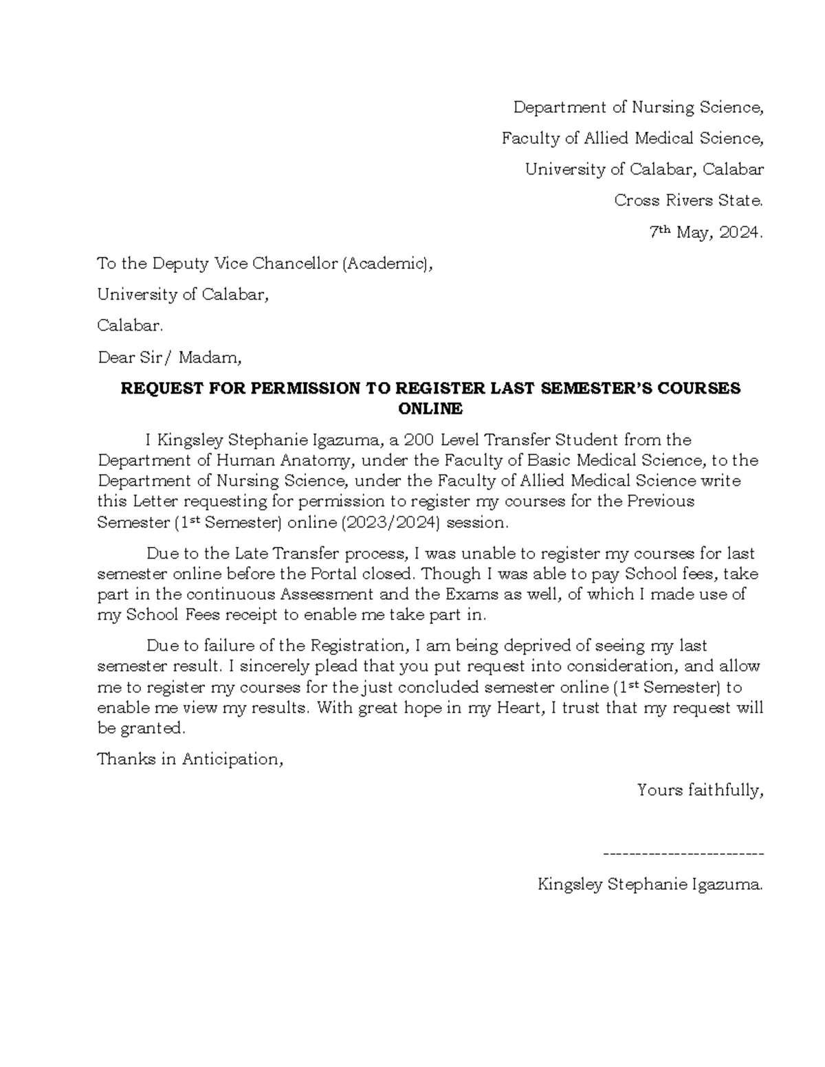 Letter to DVC - Department of Nursing Science, Faculty of Allied ...