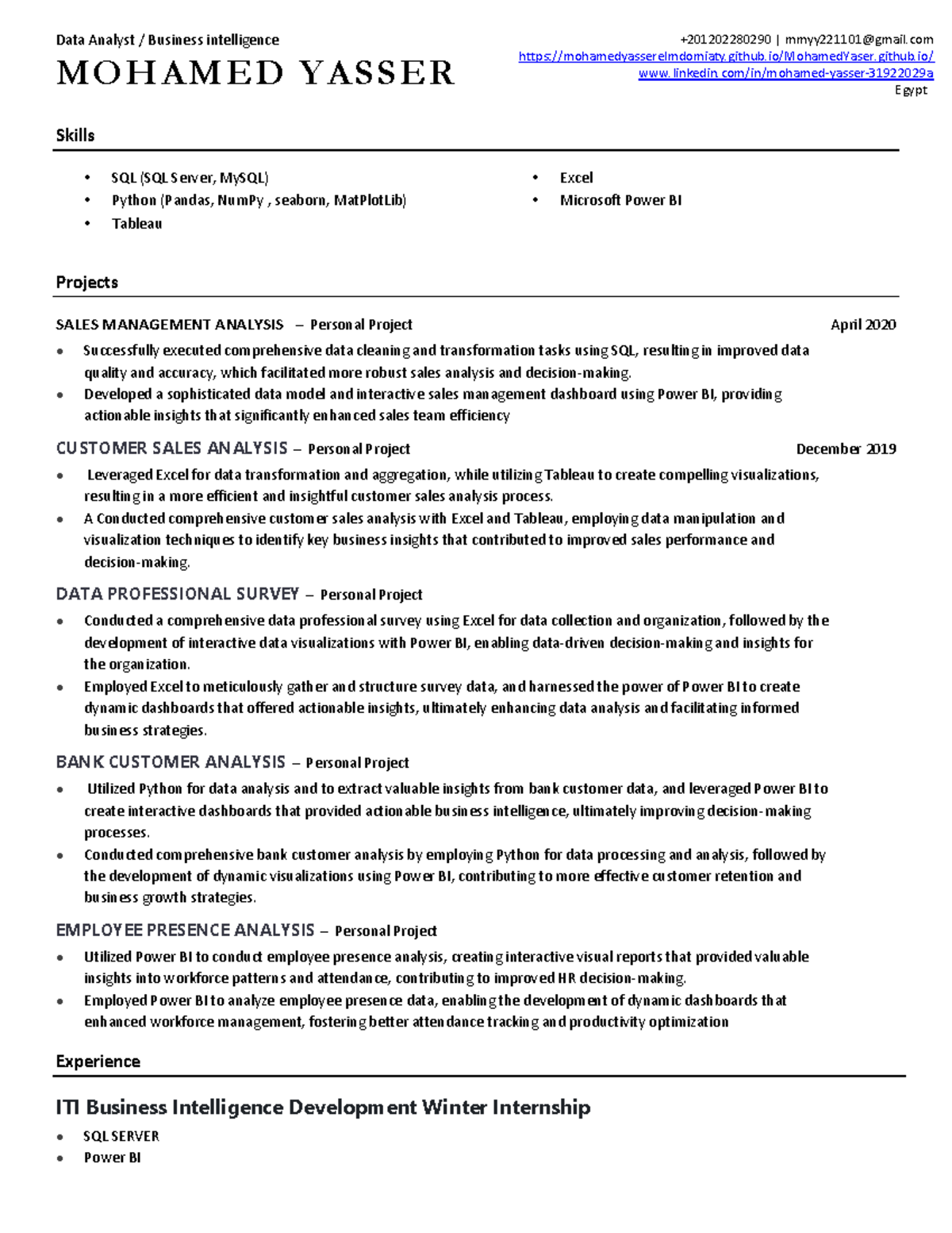 Mohamed Yasser CV - yyyyyyl - Data Analyst / Business intelligence MOHAMED YASSER +201202 280290 ...
