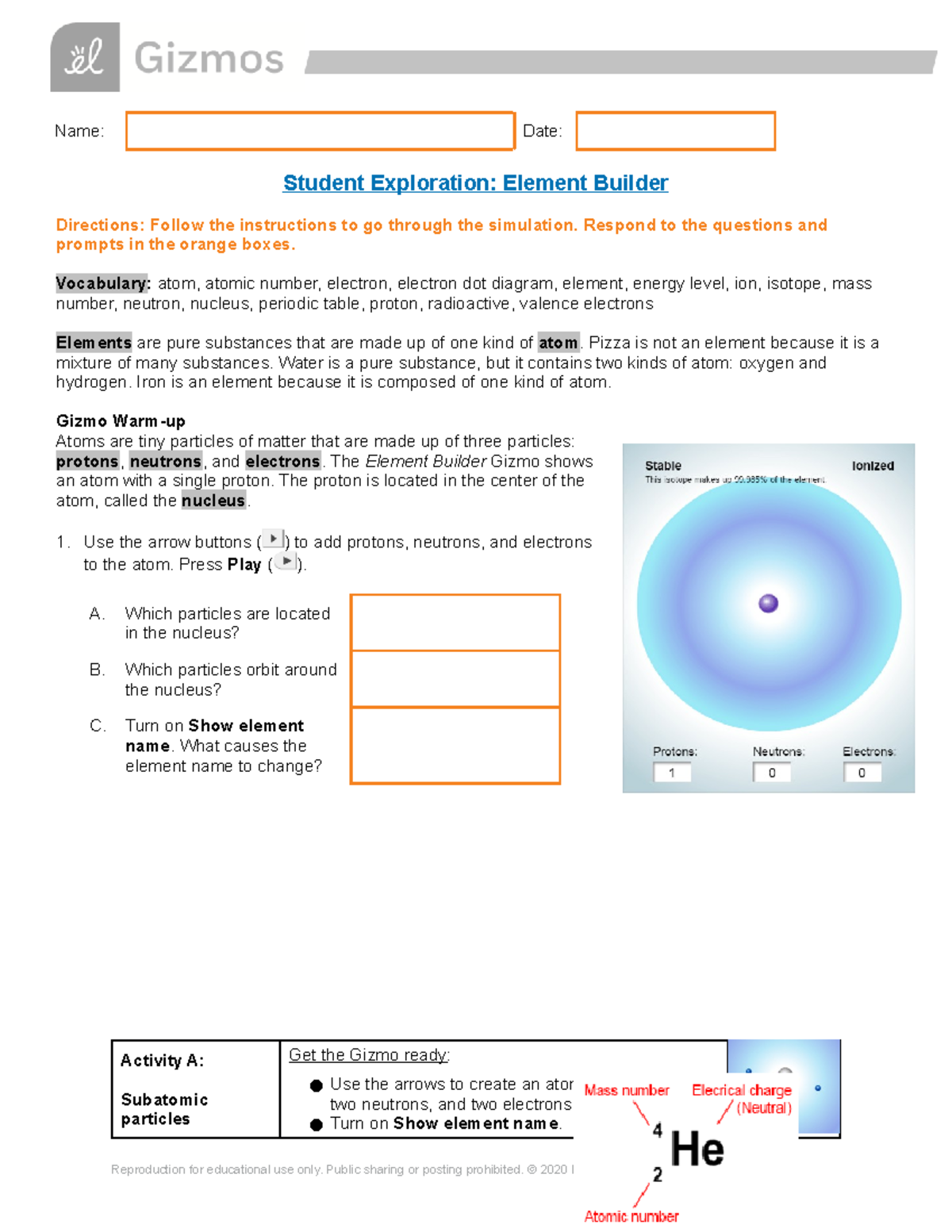 Element Builder - iiiininin - Name: Date: Student Exploration: Element Builder Directions ...