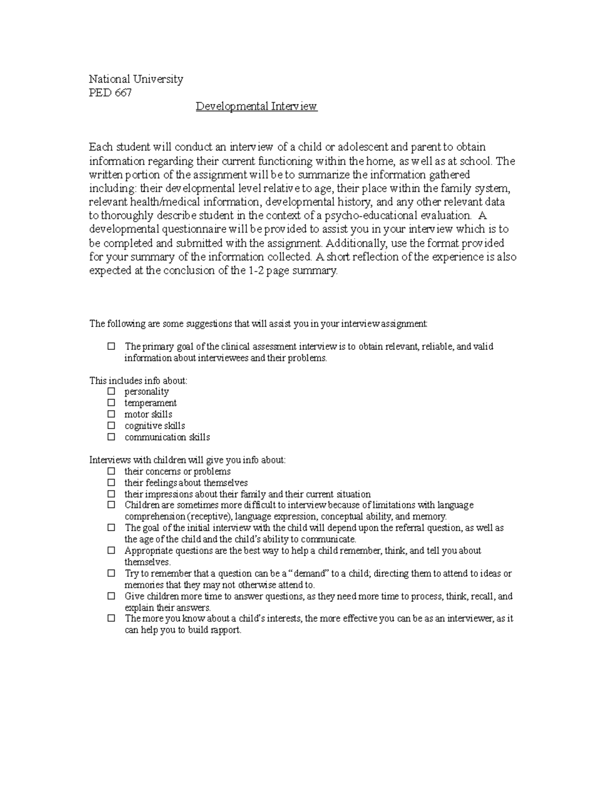PED 667 Developmental Interview - National University PED 667 ...
