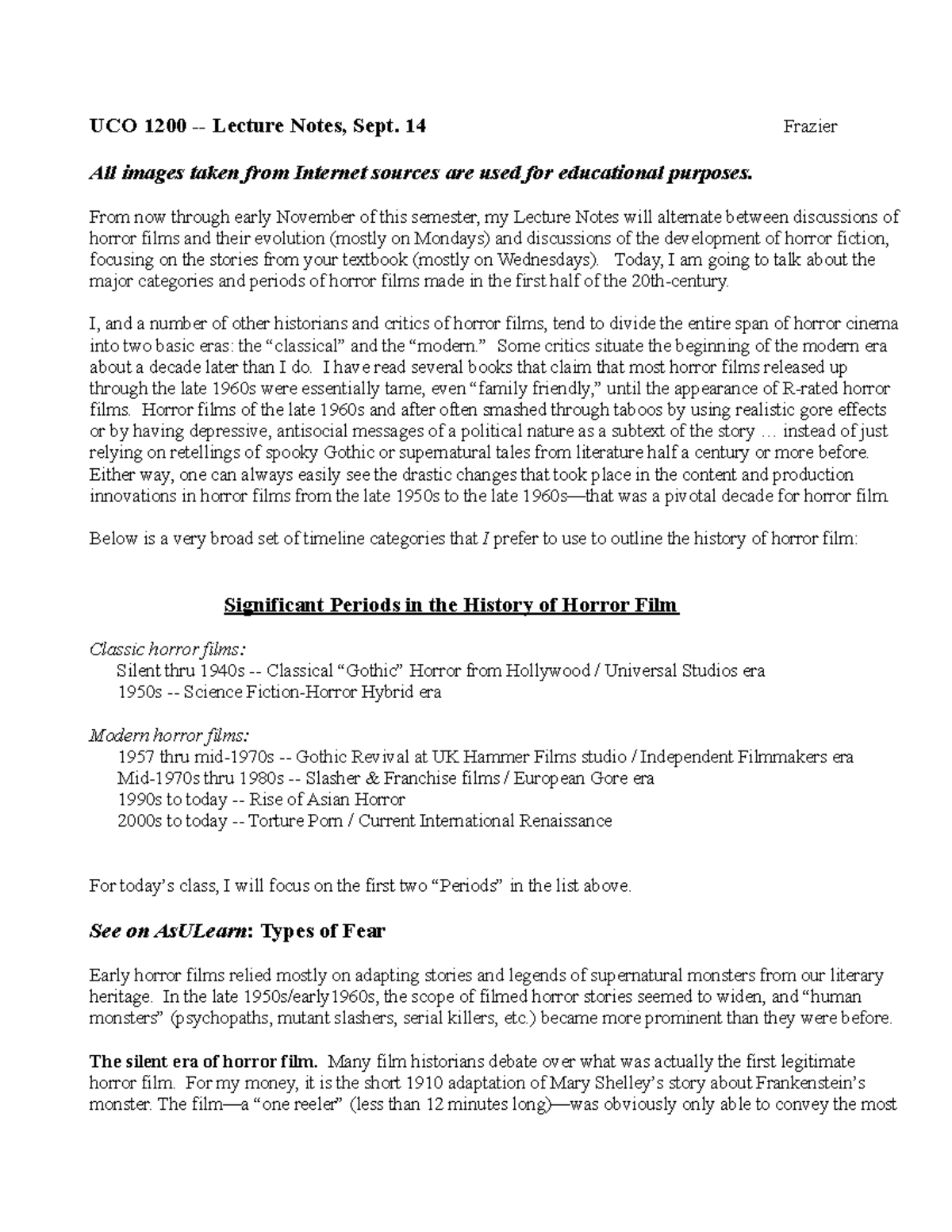 Lecture Notes, Sept. 14 (Horror Film, 1) (1) - UCO 1200 - Lecture Notes ...