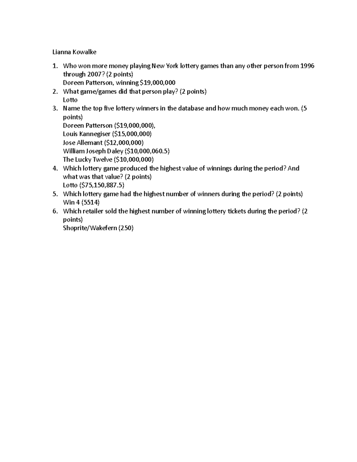 Lotto Assignment 3:6 - document with answers to analysis on excel ...