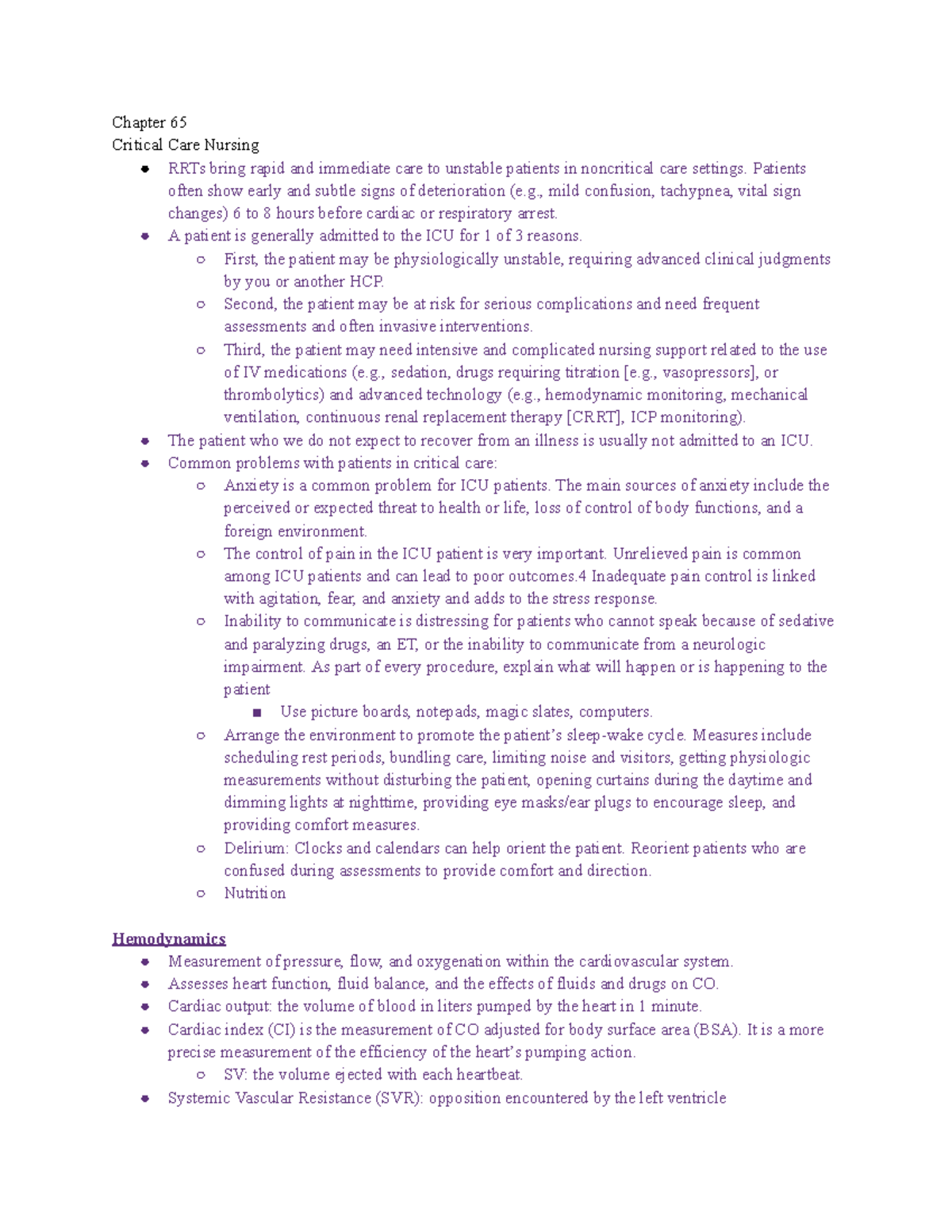 Complex Exam Review Sheet - Chapter 65 Critical Care Nursing RRTs bring ...