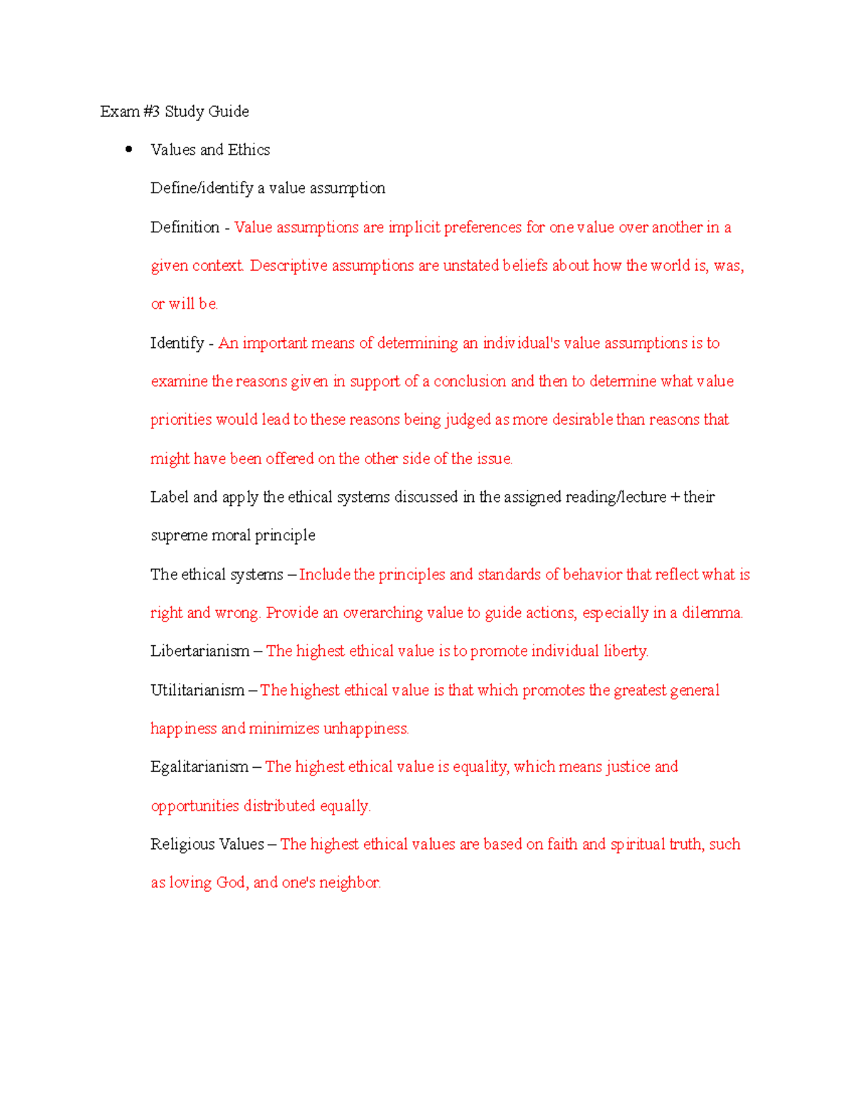 EXAM #3 Study Guide - Exam #3 Study Guide Values and Ethics Define ...