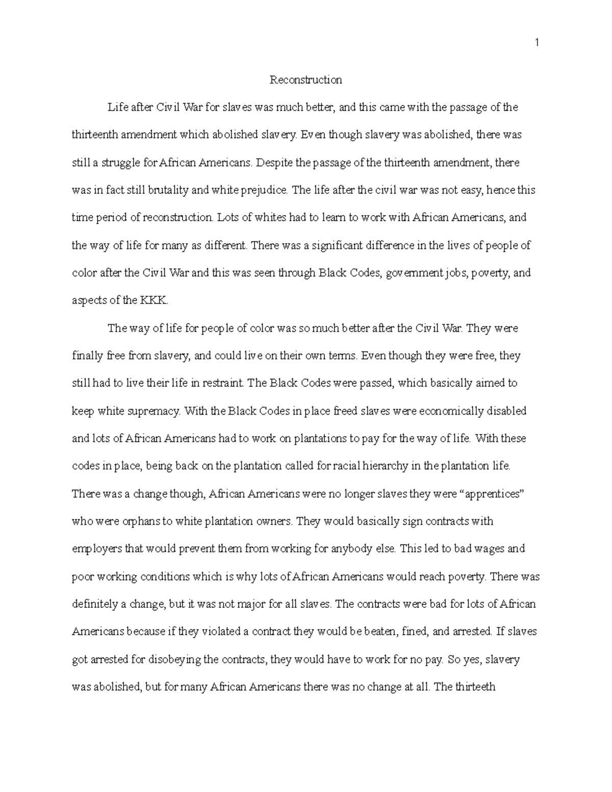 Reconstruction paper Final - Reconstruction Life after Civil War for ...