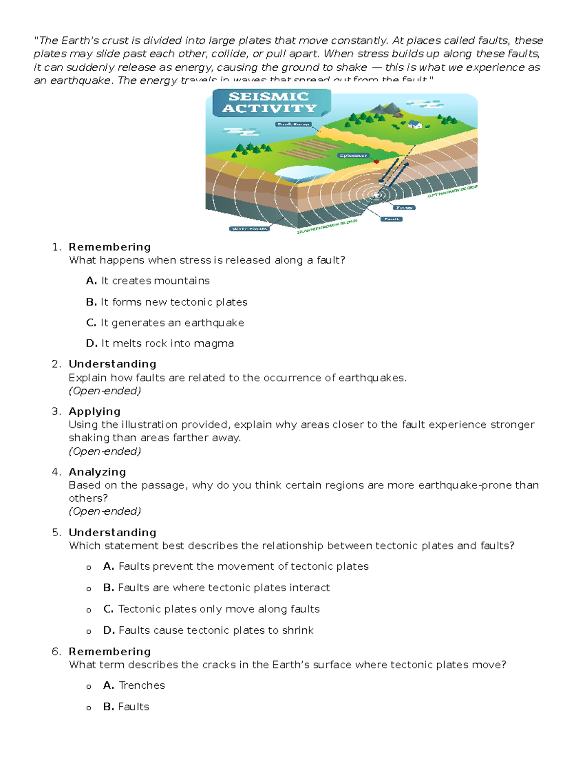 Long quiz - lesson plan - "The Earth’s crust is divided into large ...