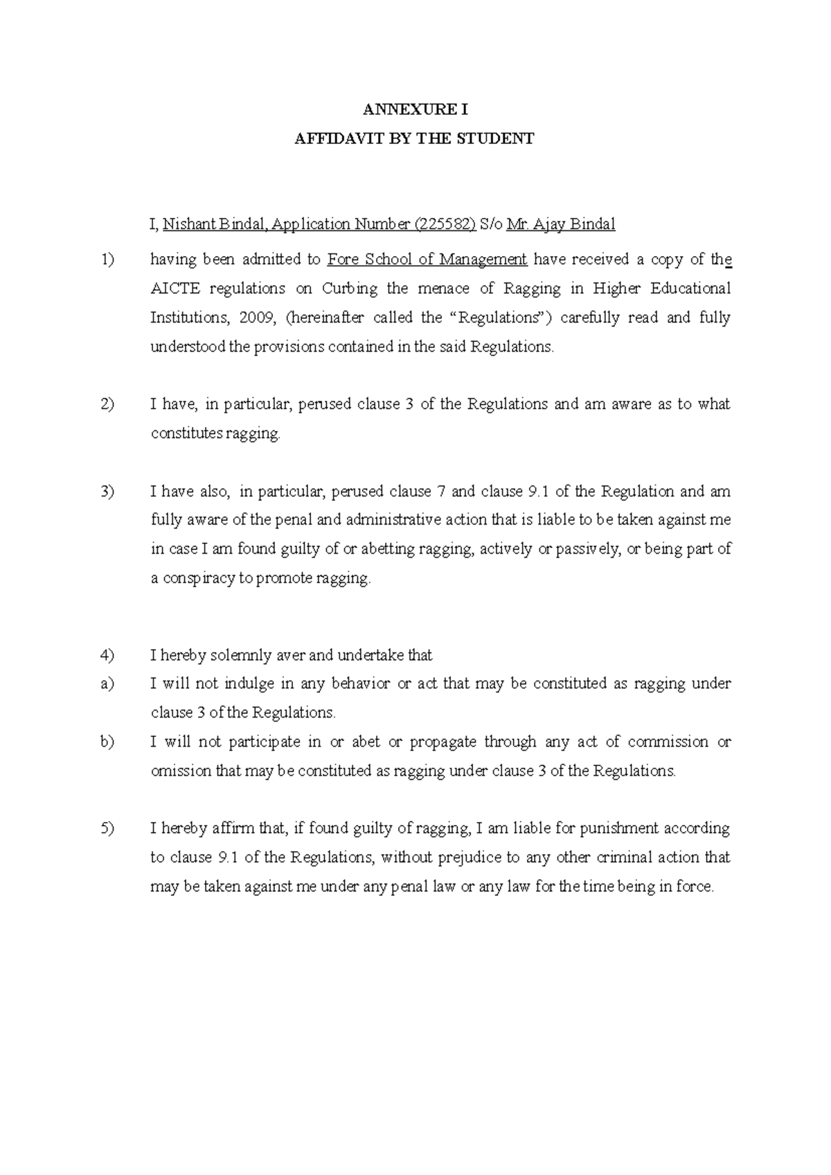 Anti ragging affidavit formats 2020 - ANNEXURE I AFFIDAVIT BY THE ...