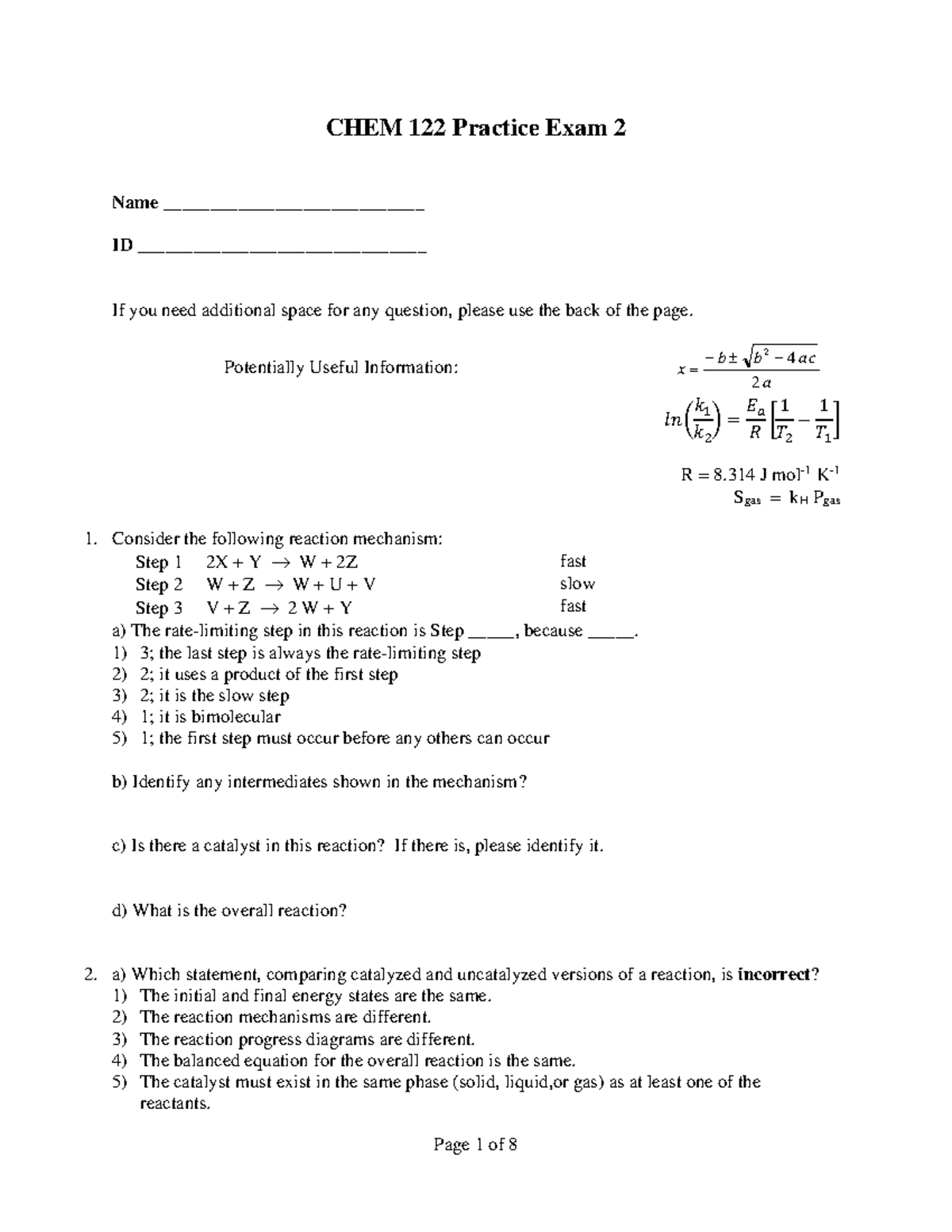 CHEM 122 Practice Exam 2 - CHEM 1 22 Practice Exam 2 Name ...