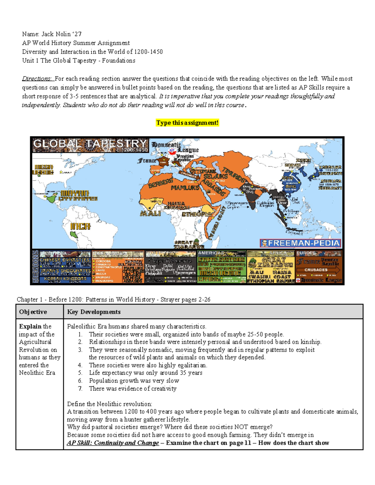 AP World History - Summer Assignment - Chapter 1 Worksheet - Name: Jack ...