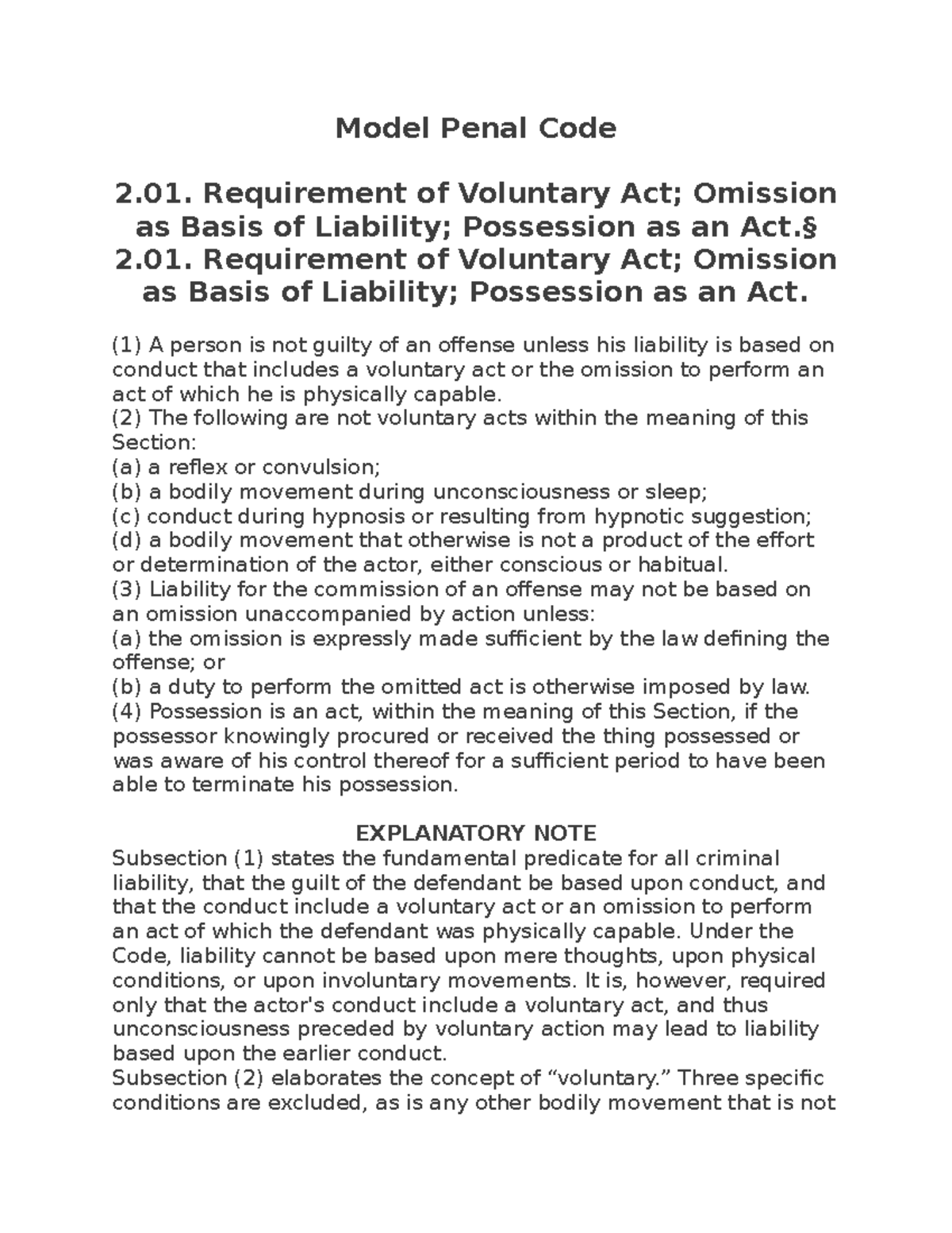 Model Penal Code - Actus Reus - CHEM 409 - Framingham - Studocu