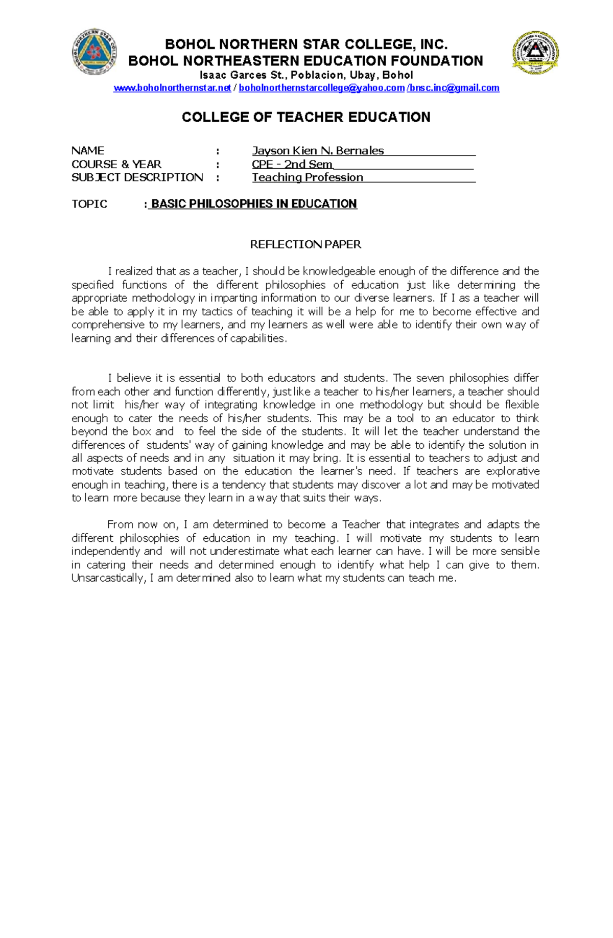 RP1 Teaching Profession - BOHOL NORTHERN STAR COLLEGE, INC. BOHOL ...